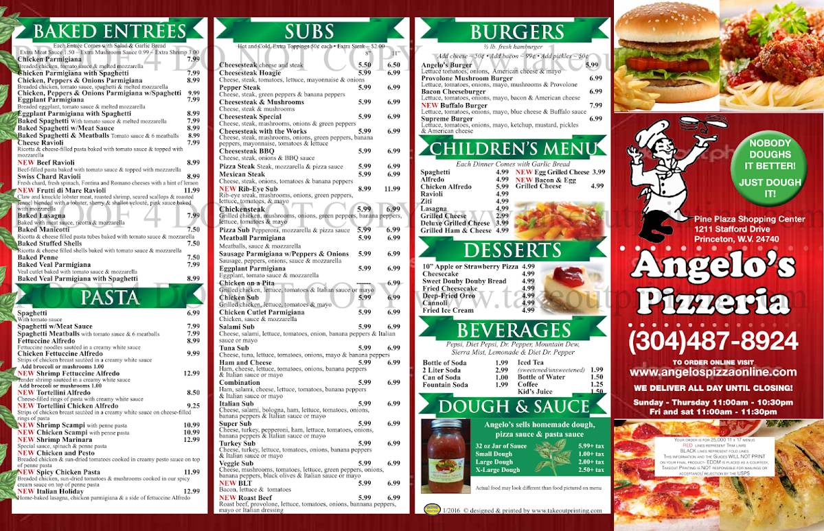 Menu at Angelo's Pizza pizzeria, Princeton, 1211 Stafford Dr