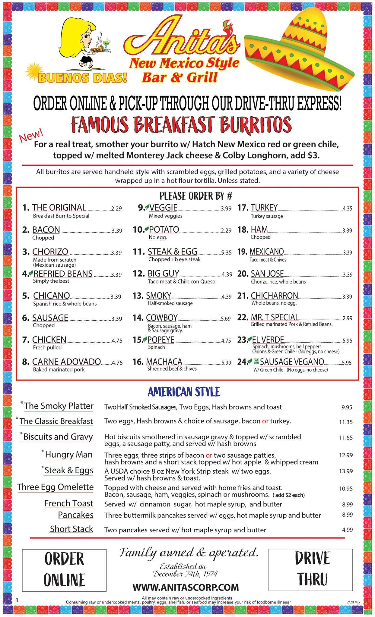 Menu at Anita's New Mexico Style Mexican Food restaurant, Fairfax