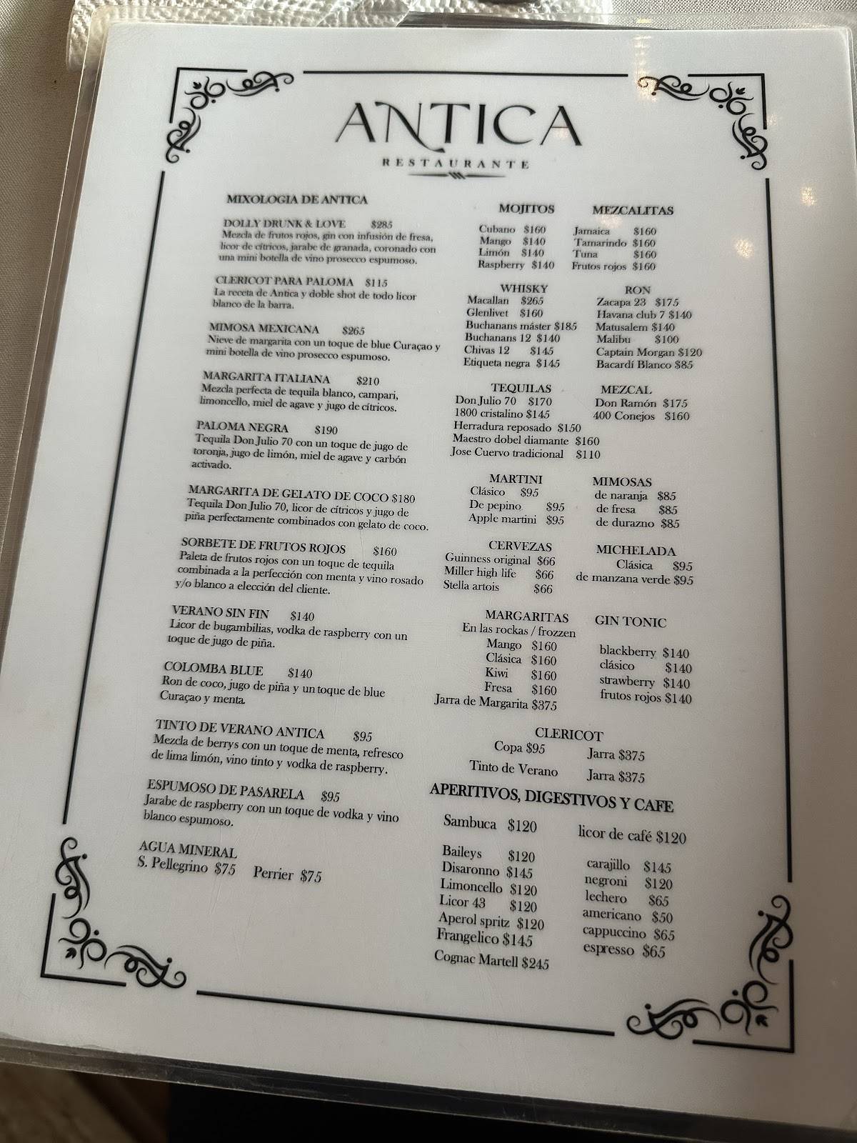 Carta de Antica Restaurante, Reynosa