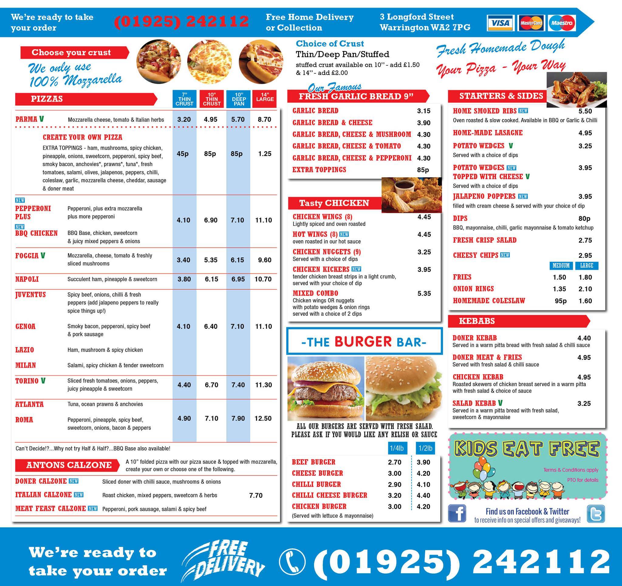 Menu at Antons Pizza pizzeria Warrington