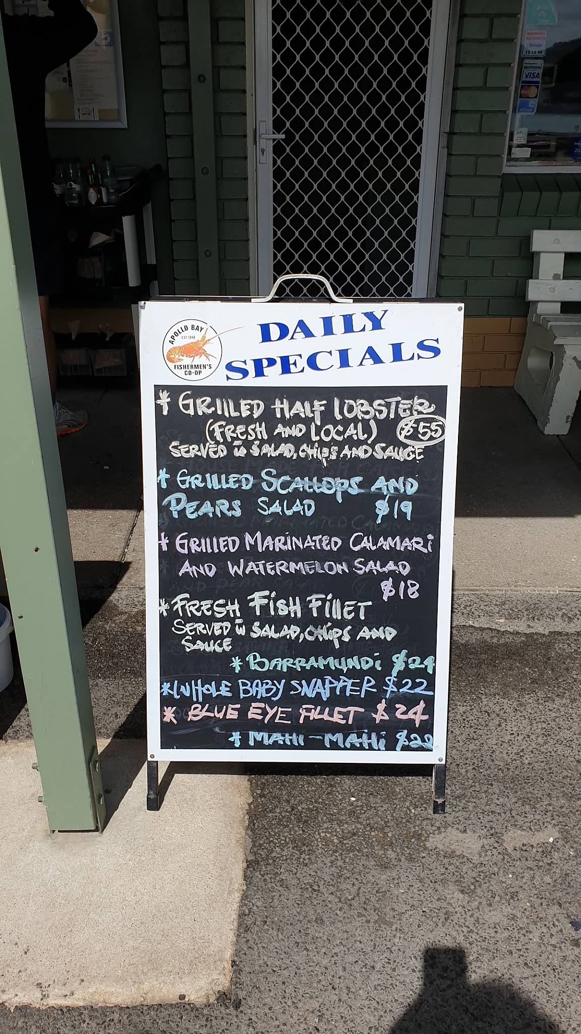 Menu at Apollo Bay Fishermen's Co-Op restaurant, Apollo Bay