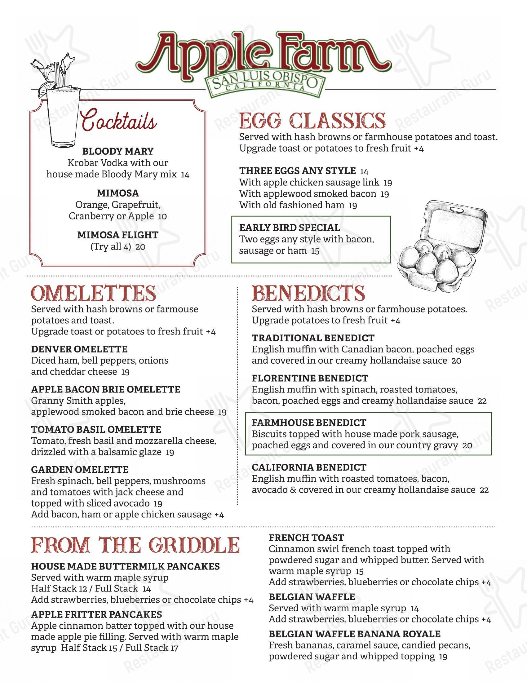 Menu at Apple Farm Inn restaurant, San Luis Obispo, Monterey St