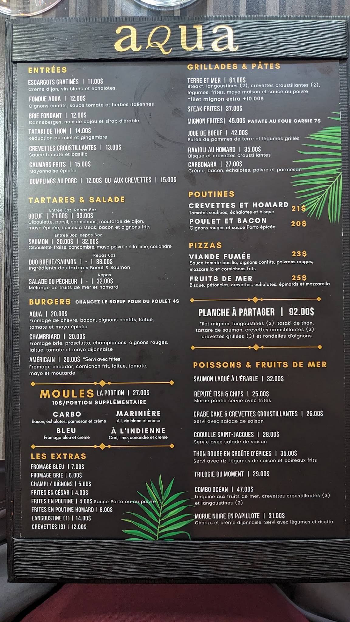 Menu au Aqua restaurant, Trois-Rivières