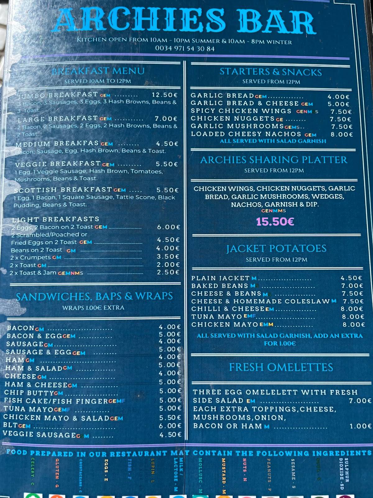 Menu at Archies Bar, Hotel Son Caliu