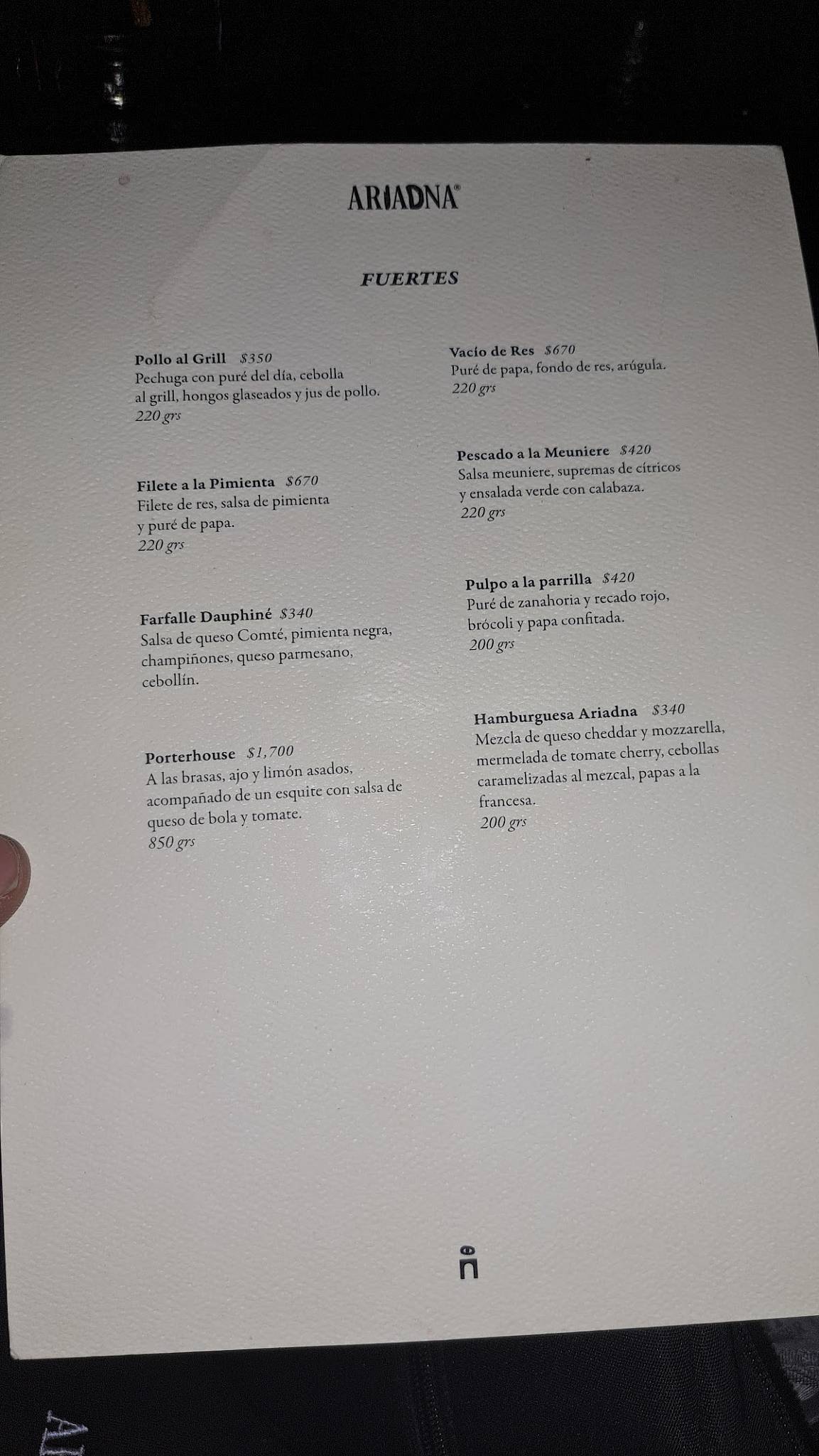 Carta del restaurante Ariadna Mérida, Merida