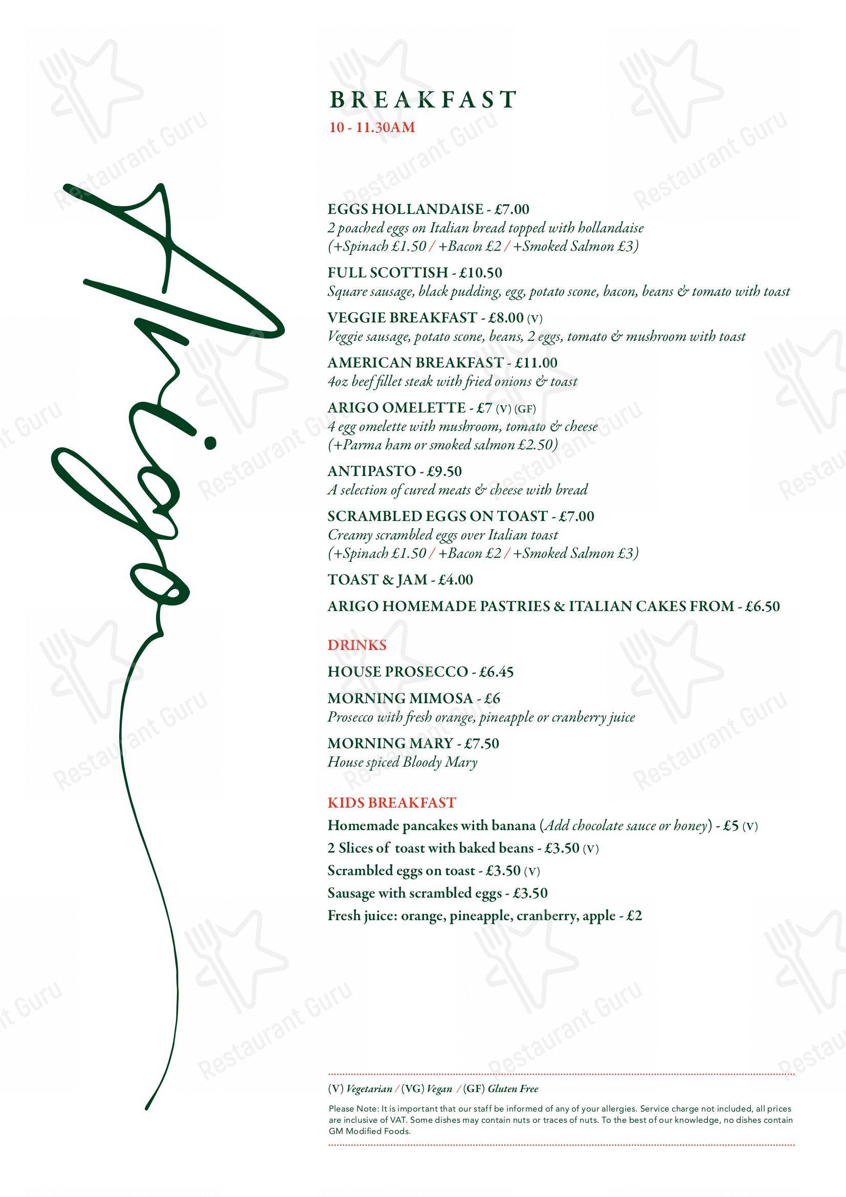 Menu at Arigo restaurant, Glasgow