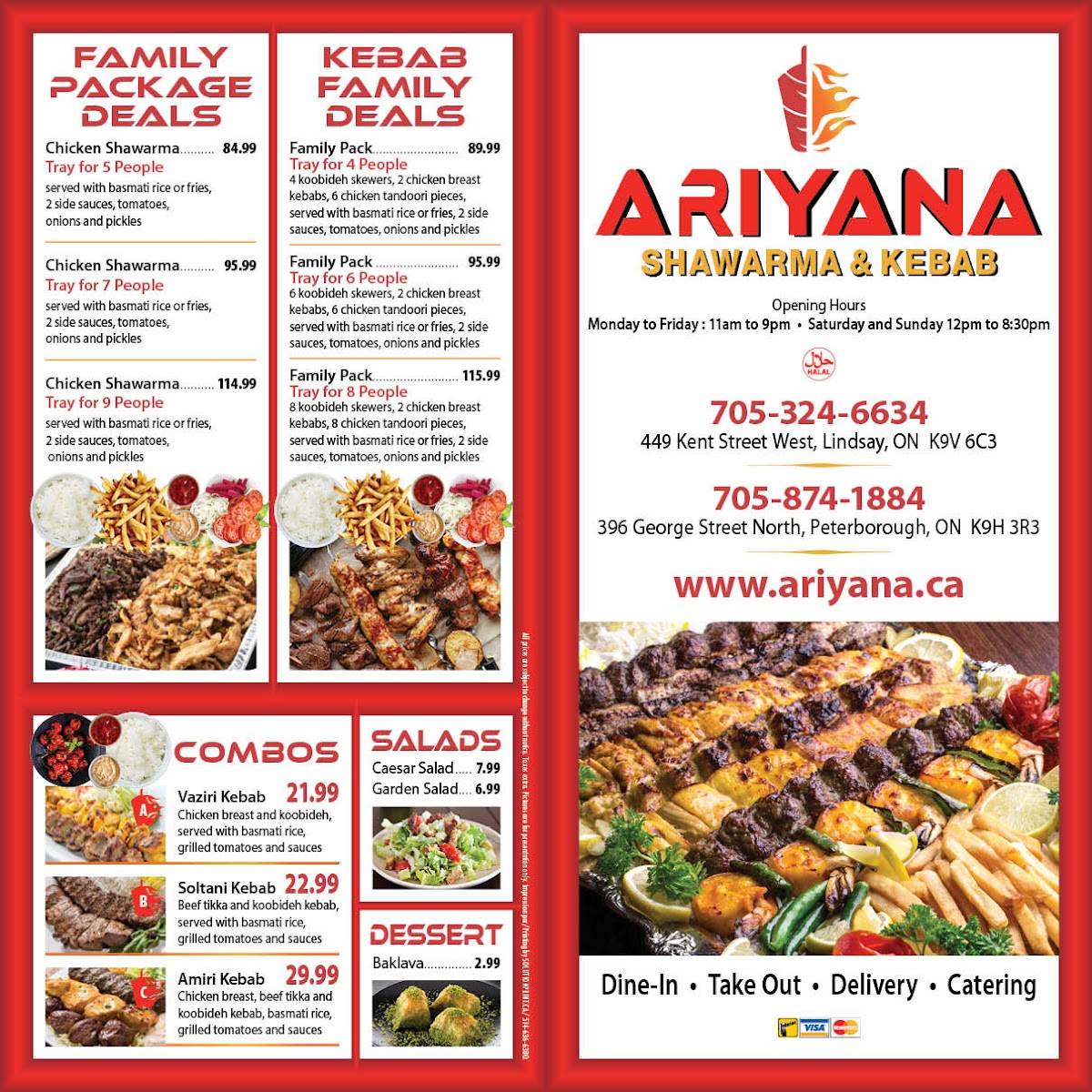 Menu at Ariyana Shawarma & Kebab restaurant, Lindsay