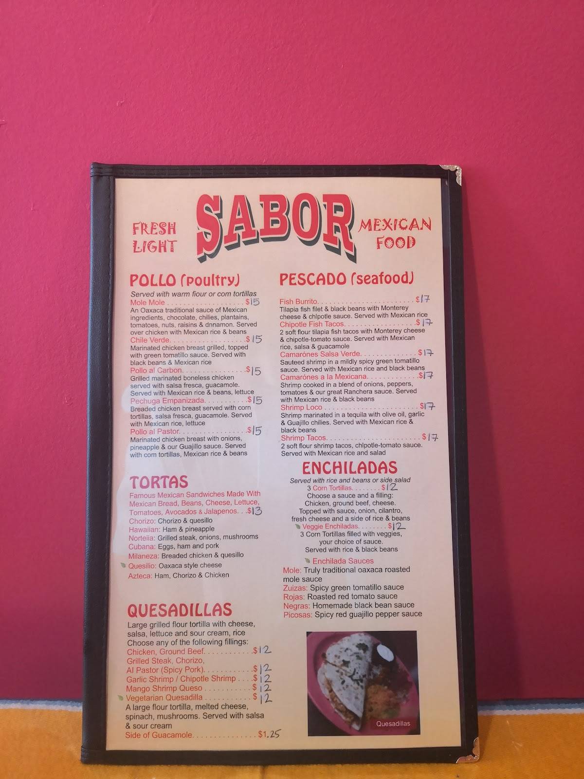 Menu at Sabor restaurant, Arlington