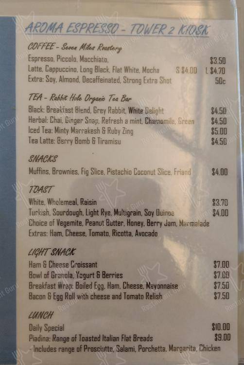 Menu at Aroma Espresso restaurant, Sydney