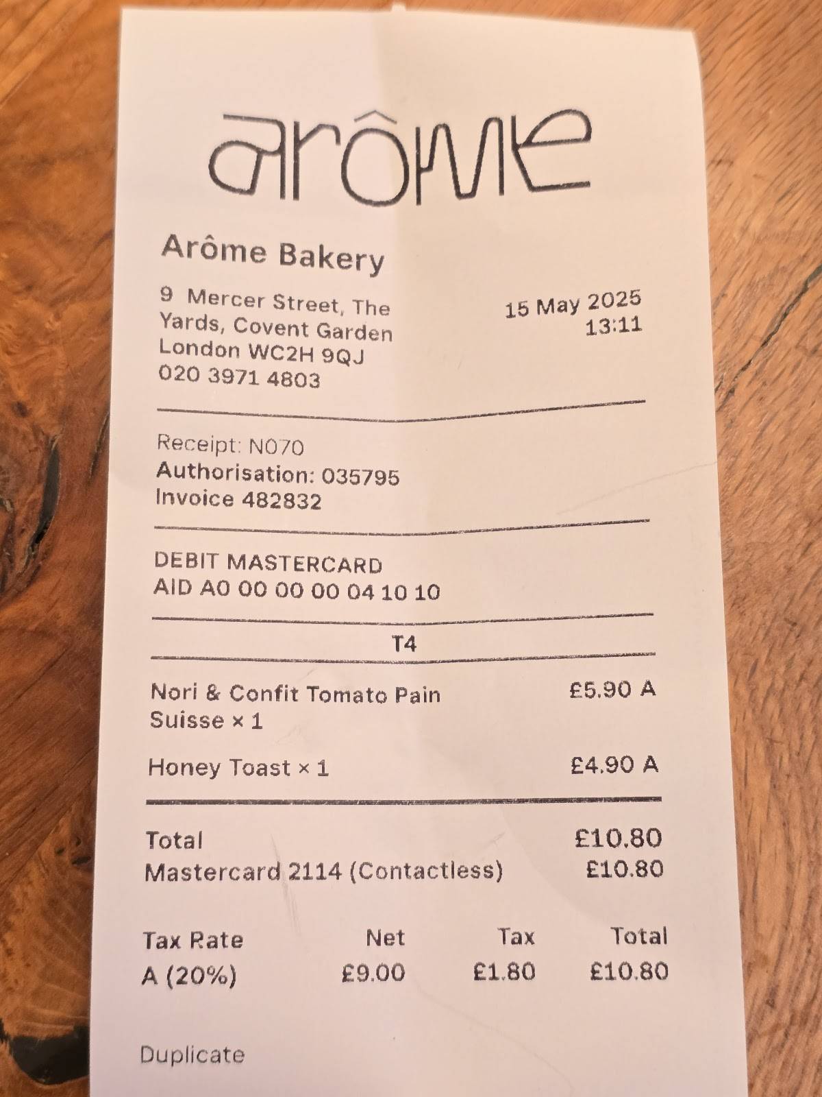 Menu at Arôme Bakery - Mercer Street, London