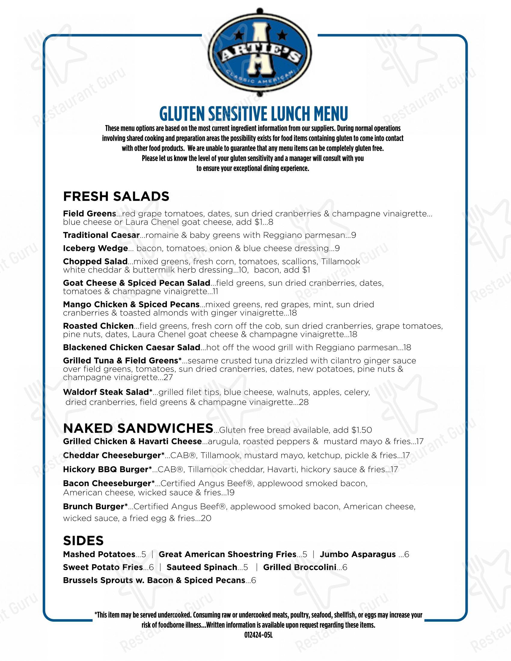 Menu at Artie's steakhouse, Fairfax