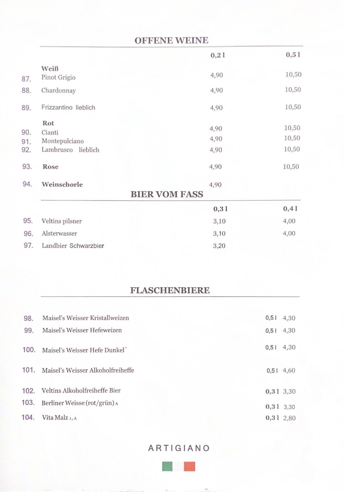 Speisekarte von Artigiano restaurant, Nauen