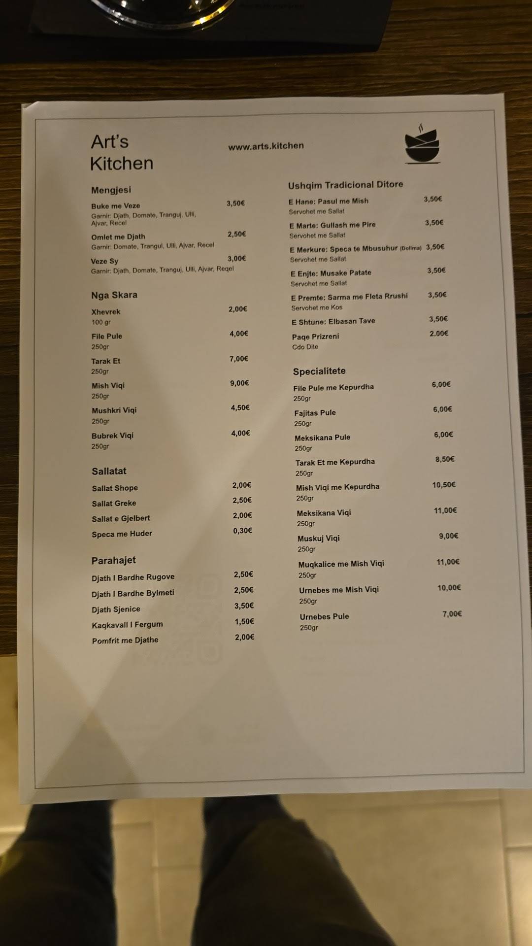 Menu at Arts Kitchen restaurant, Prizren