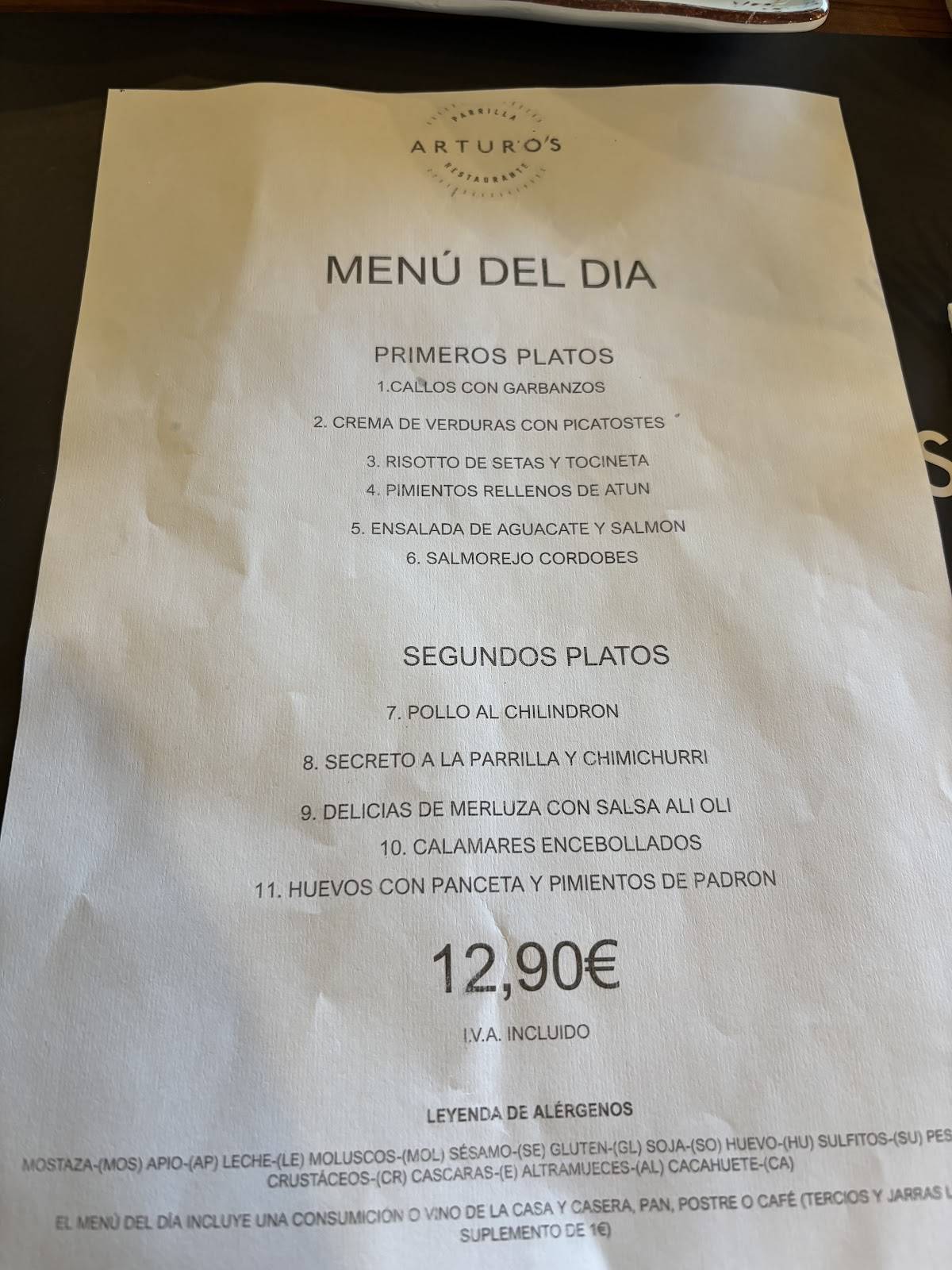 Carta del restaurante Arturo's Rivas, Rivas-Vaciamadrid
