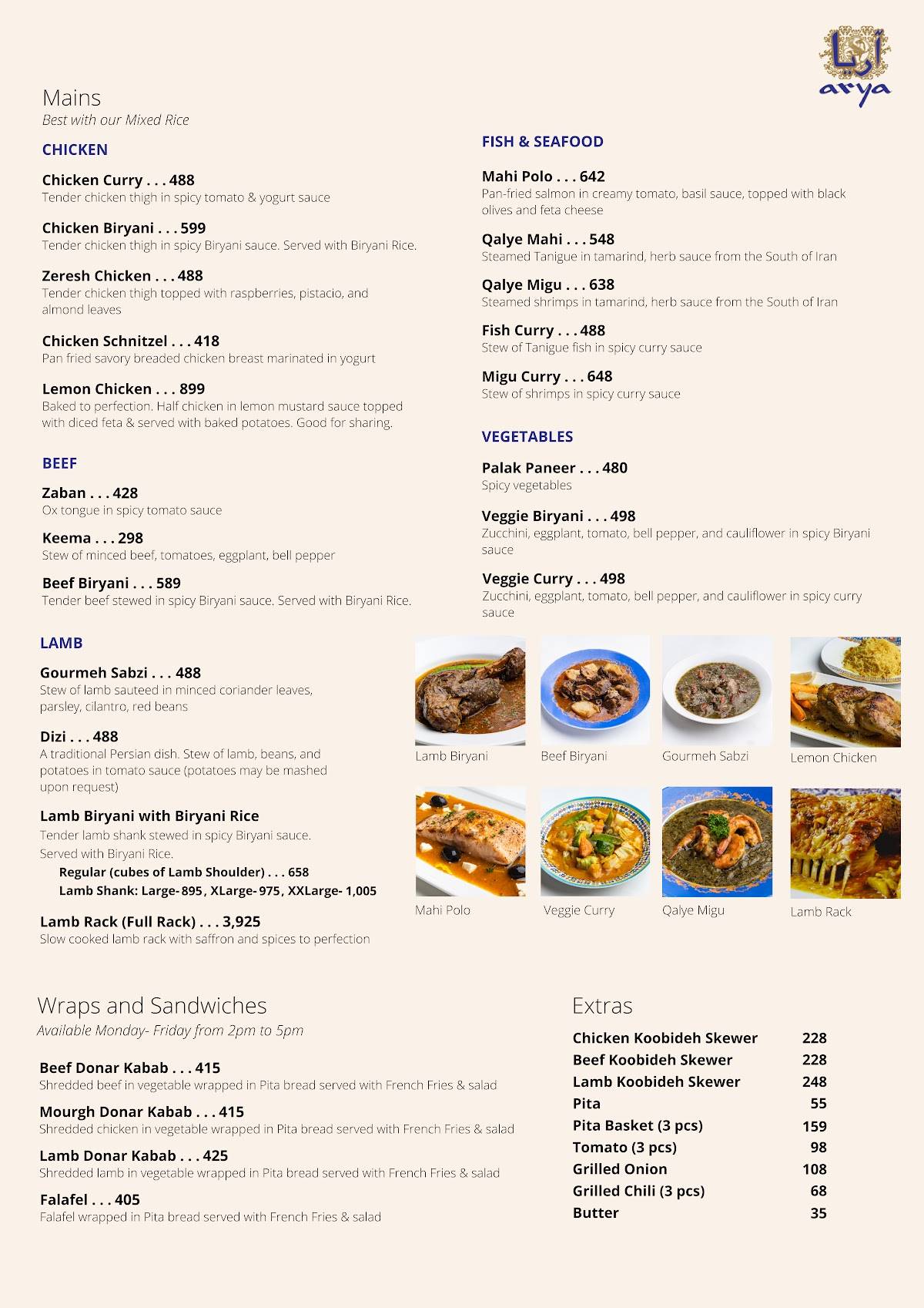 Menu at Arya Persian Restaurants, San Juan, Unit L9