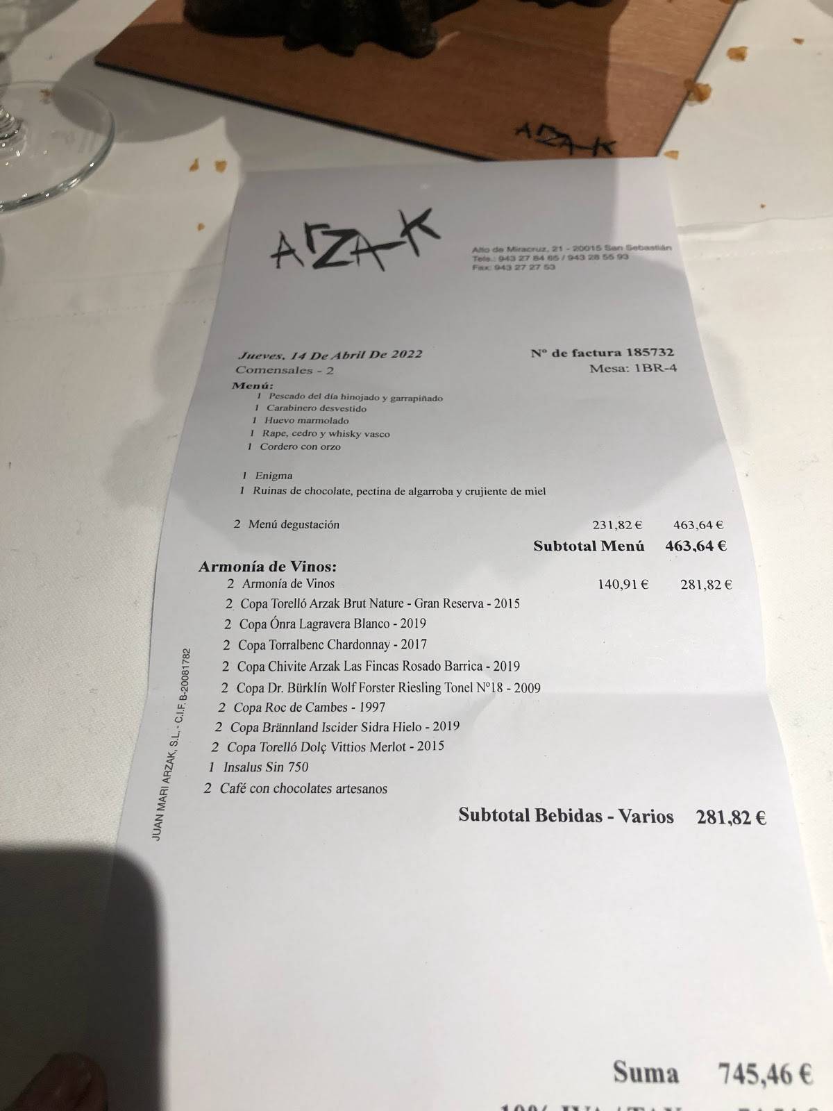 Menu at Arzak restaurant, San Sebastián, Alcalde J. Elosegi Hiribidea