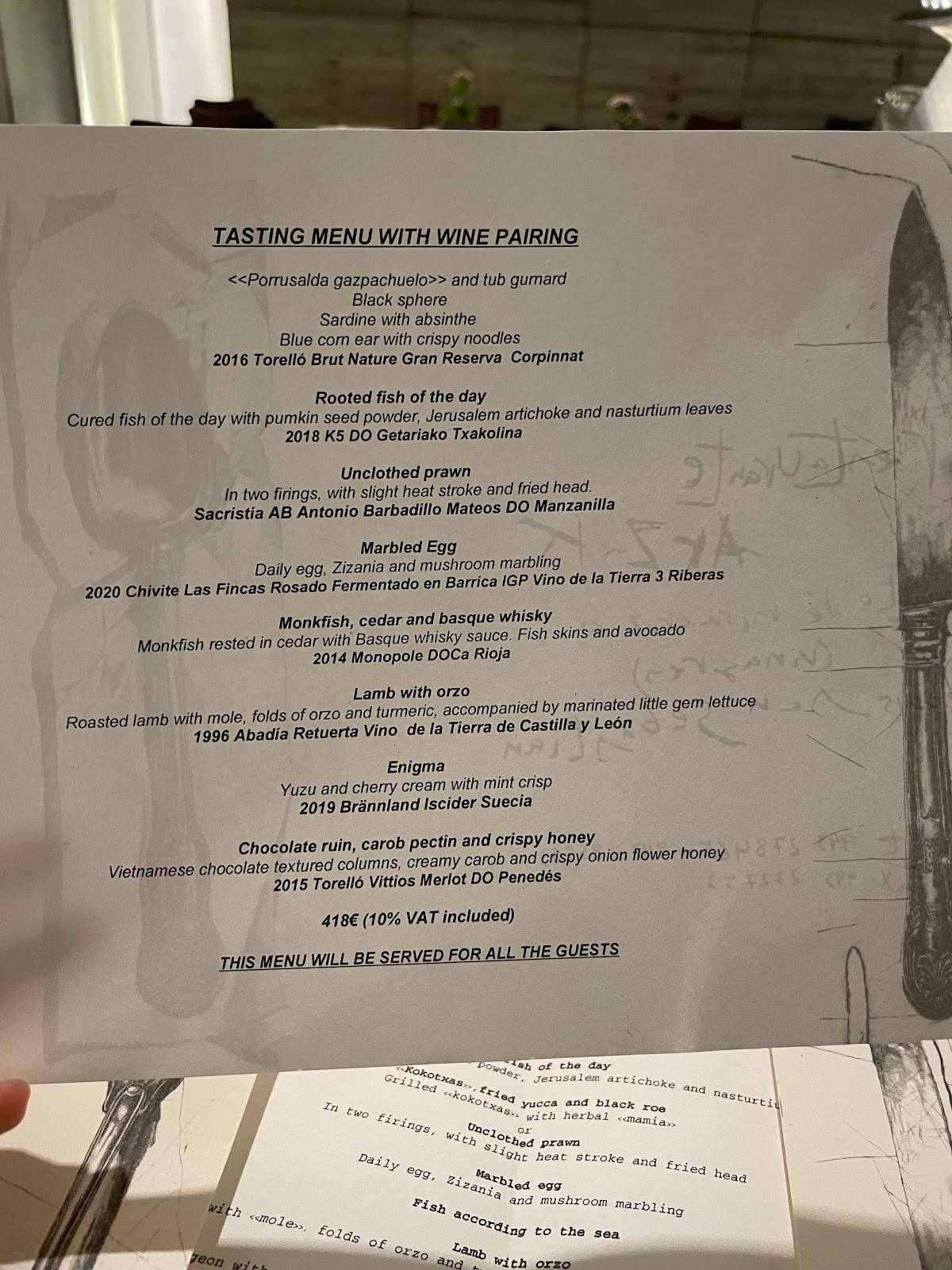 Menu at Arzak restaurant, San Sebastián, Alcalde J. Elosegi Hiribidea