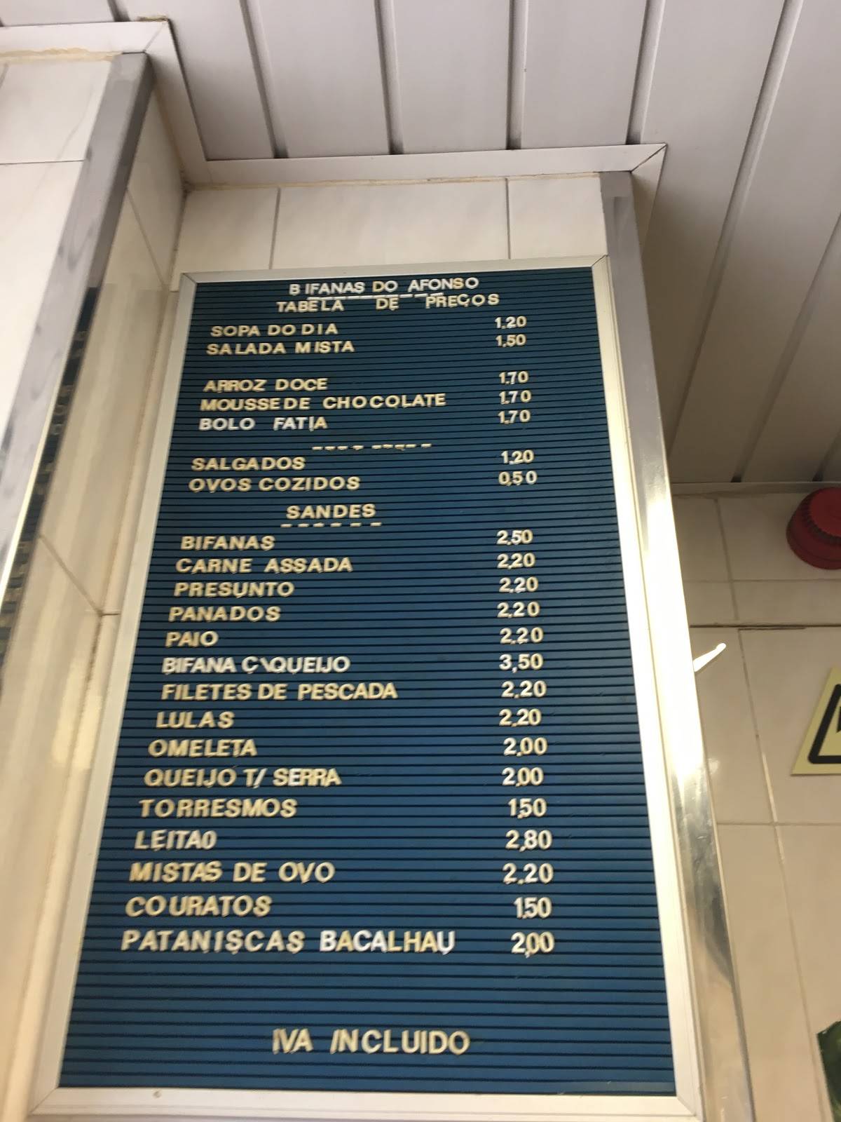 Menu em The Bifanas of Afonso restaurante de fast food, Lisboa