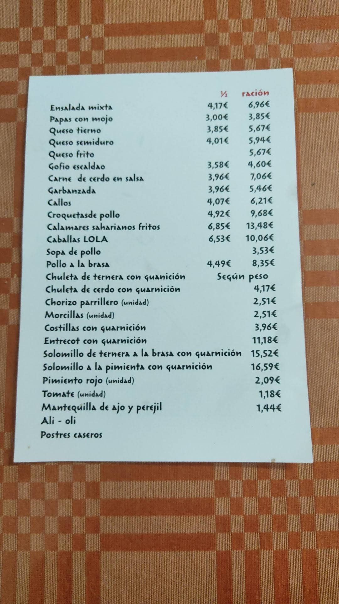 Carta del restaurante Asador El Escondite, Teror