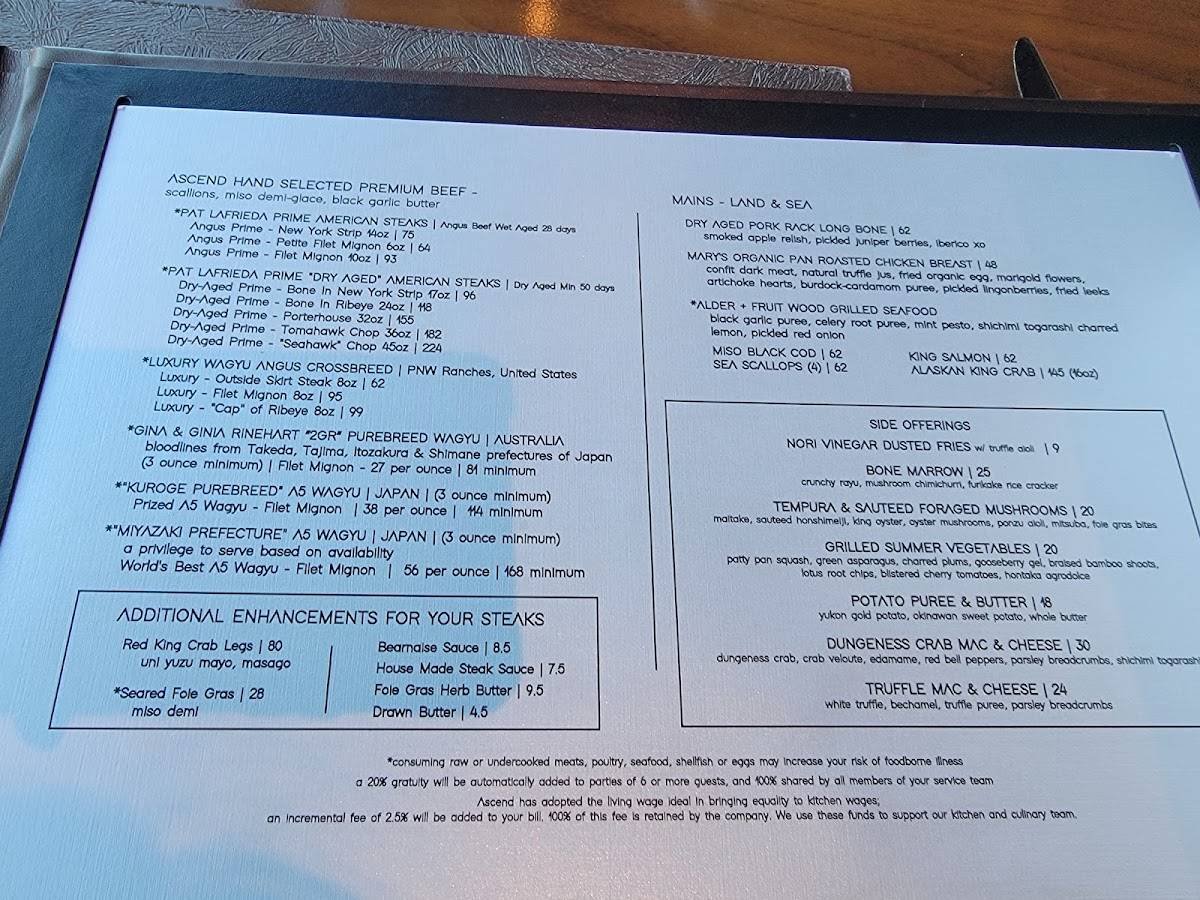 Menu at Ascend Prime Steak & Sushi restaurant, Bellevue