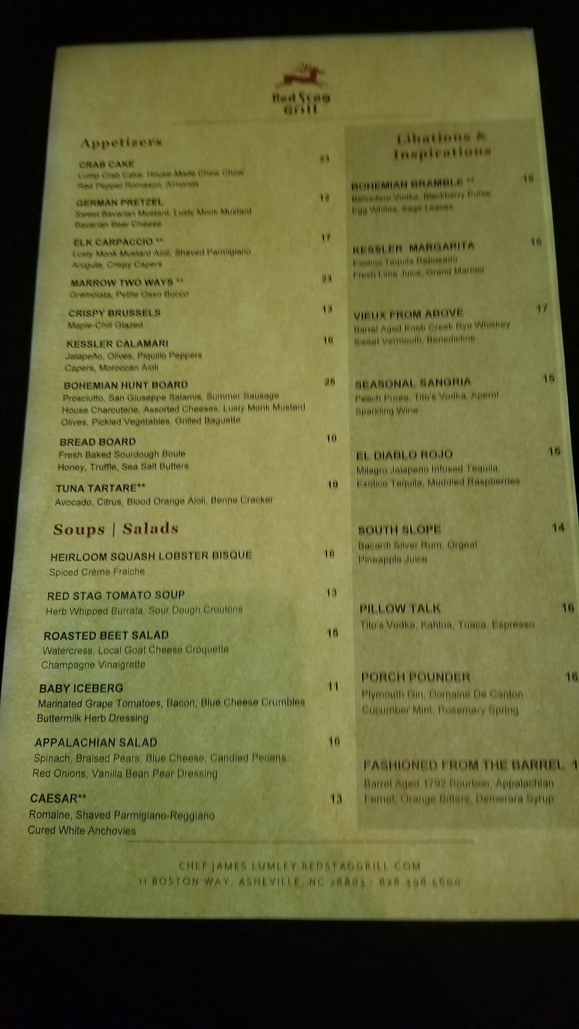 Menu at Red Stag Grill restaurant, Asheville