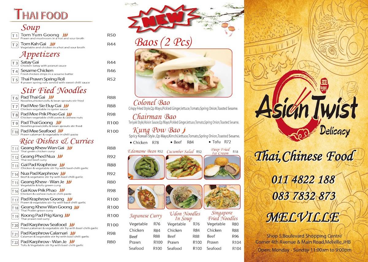 Menu at Asian Twist restaurant, Johannesburg, 5th Corner Main Road