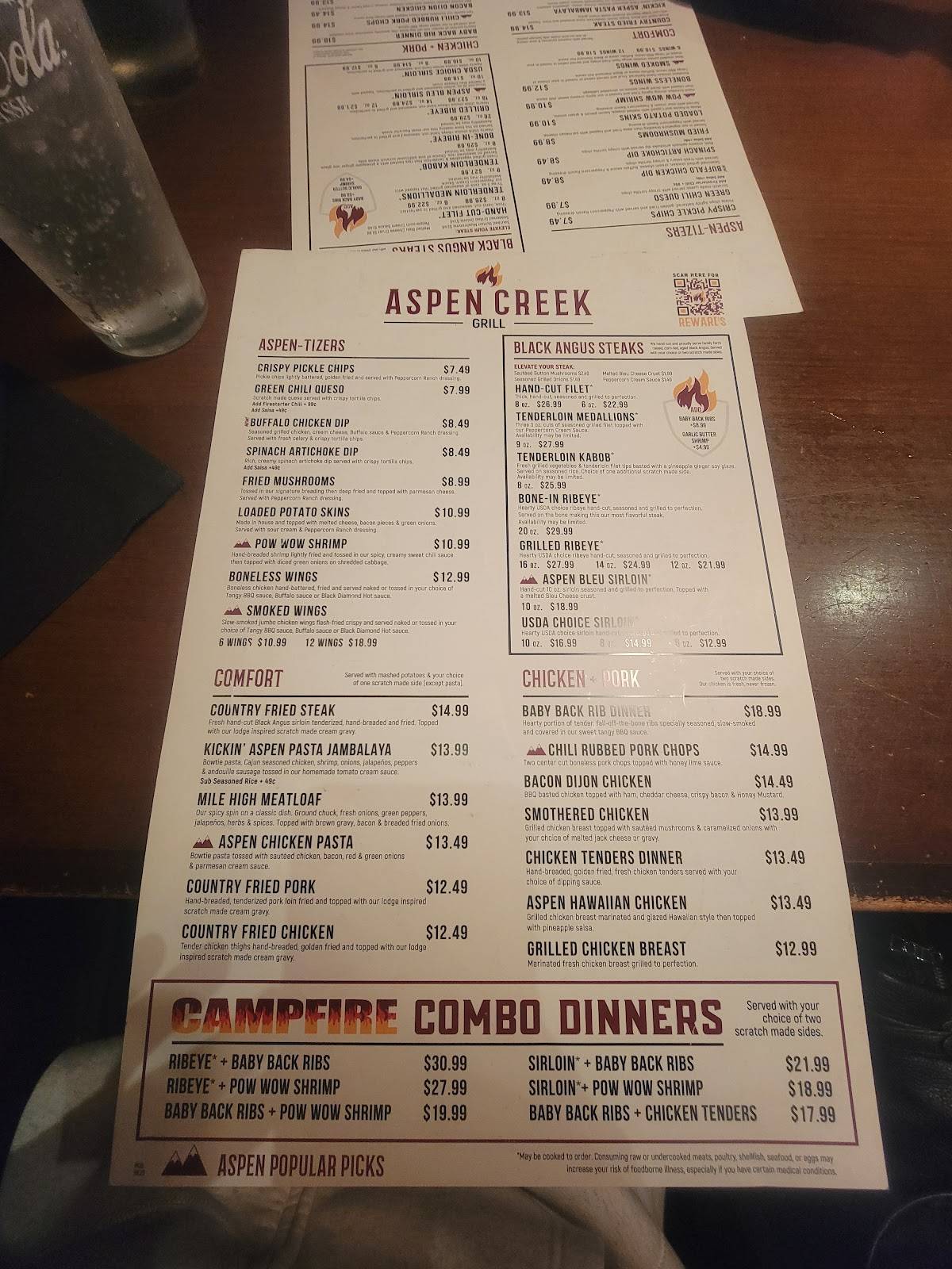 Menu at Aspen Creek Grill steakhouse, Noblesville
