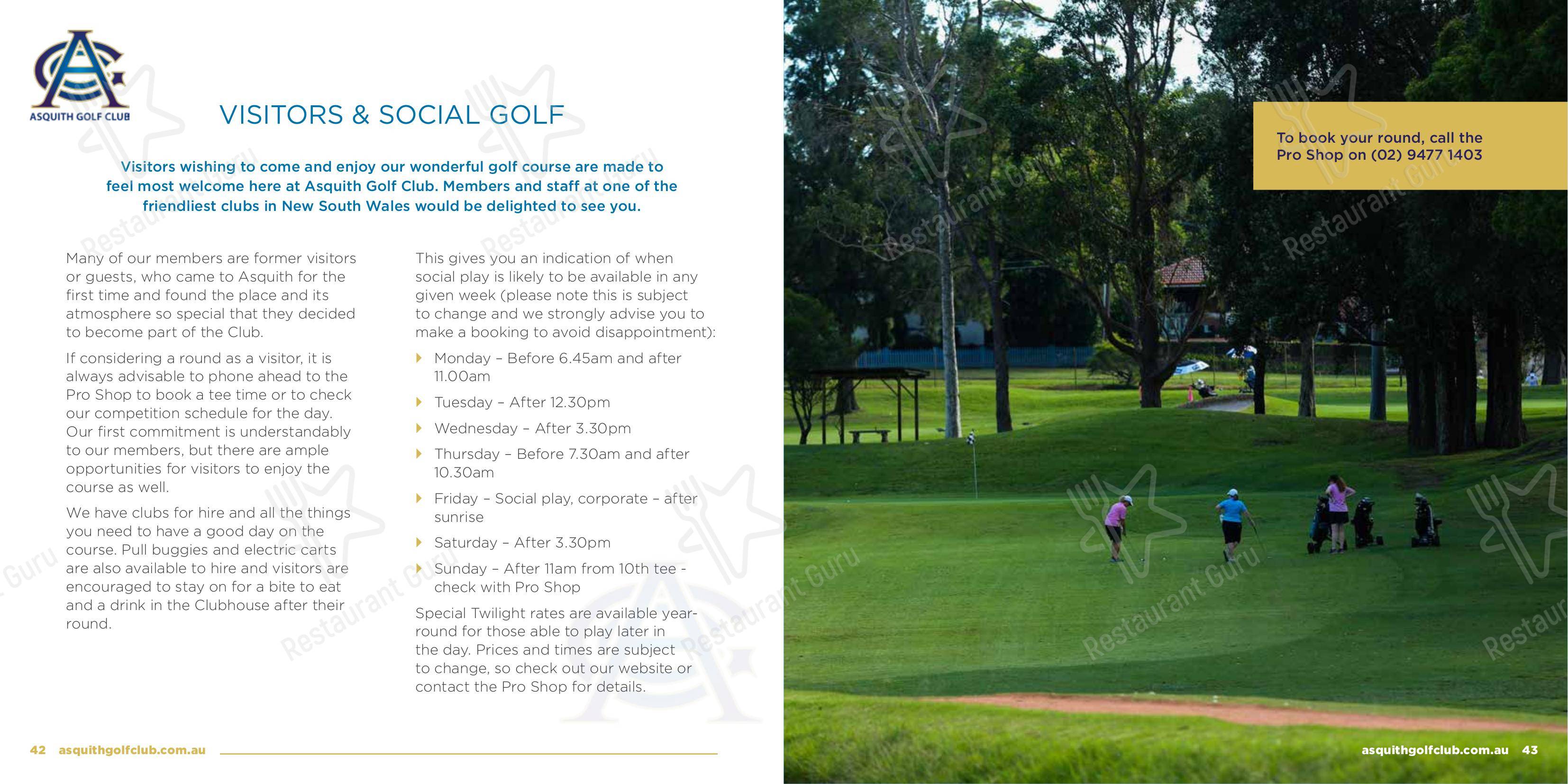 Menu at Asquith Golf Club, Mount Colah