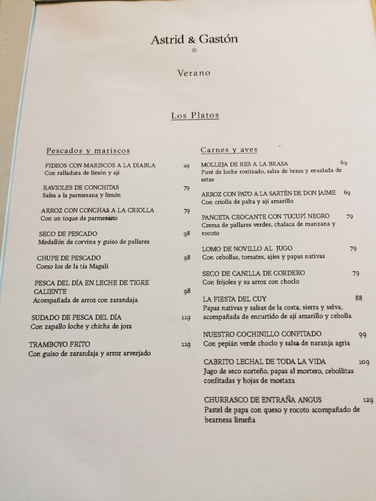 Carta del restaurante Astrid & Gastón, Lima