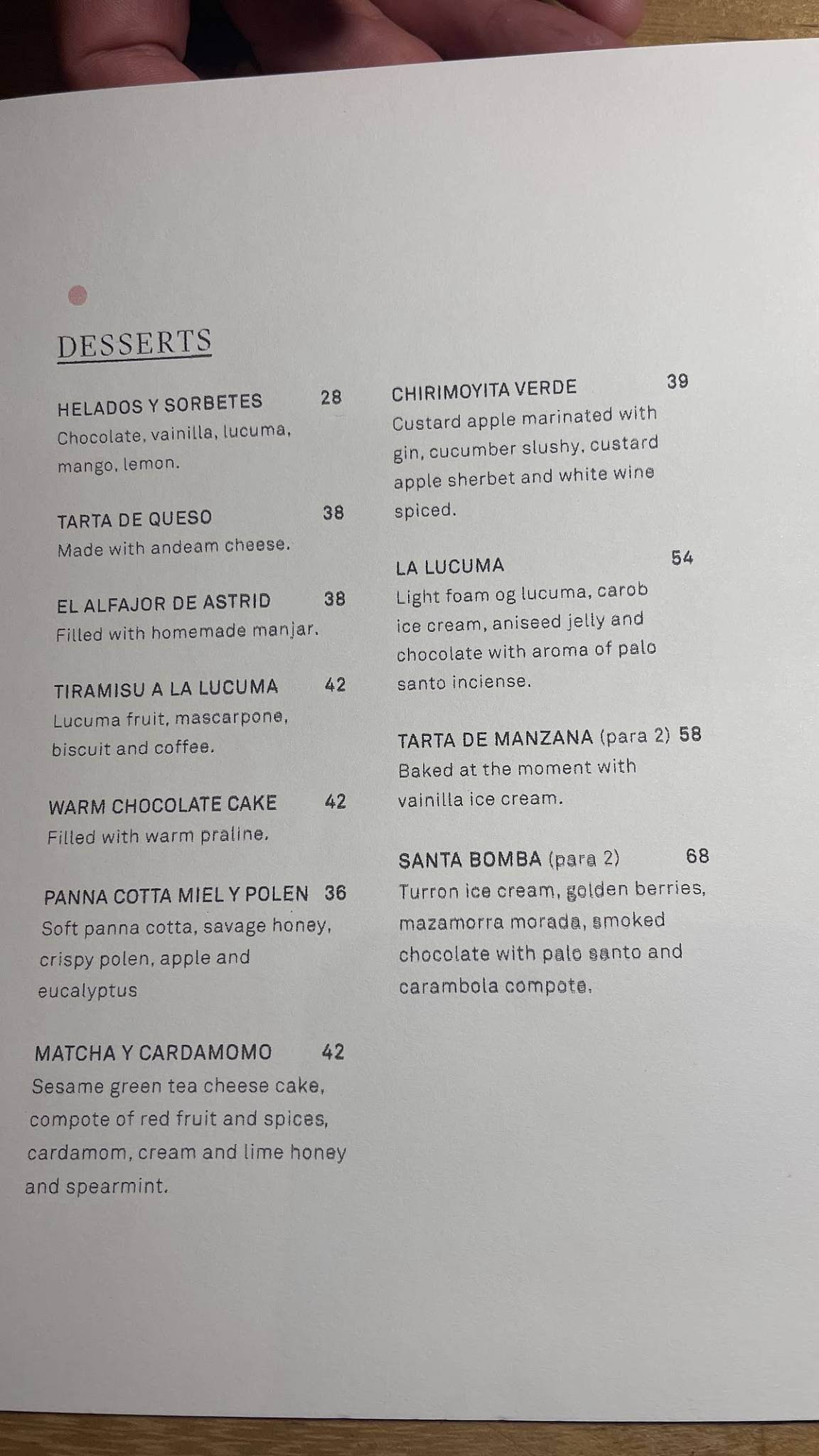 Carta del restaurante Astrid & Gastón, Lima