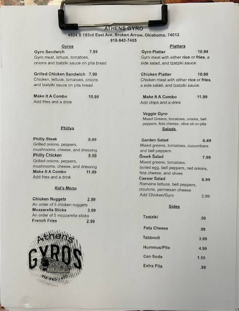Menu at Athens Gyro restaurant, Broken Arrow