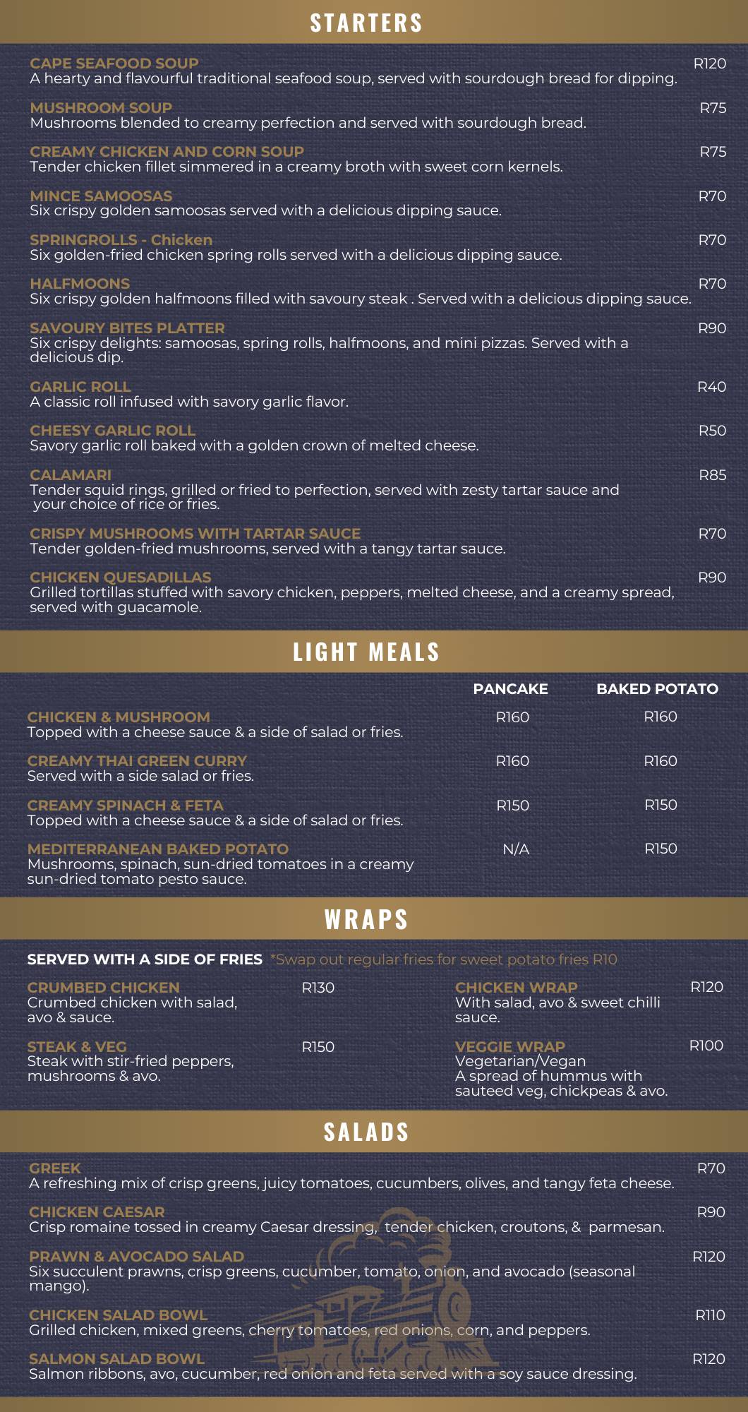 Menu at Atlantic Express Train Restaurant, Cape Town