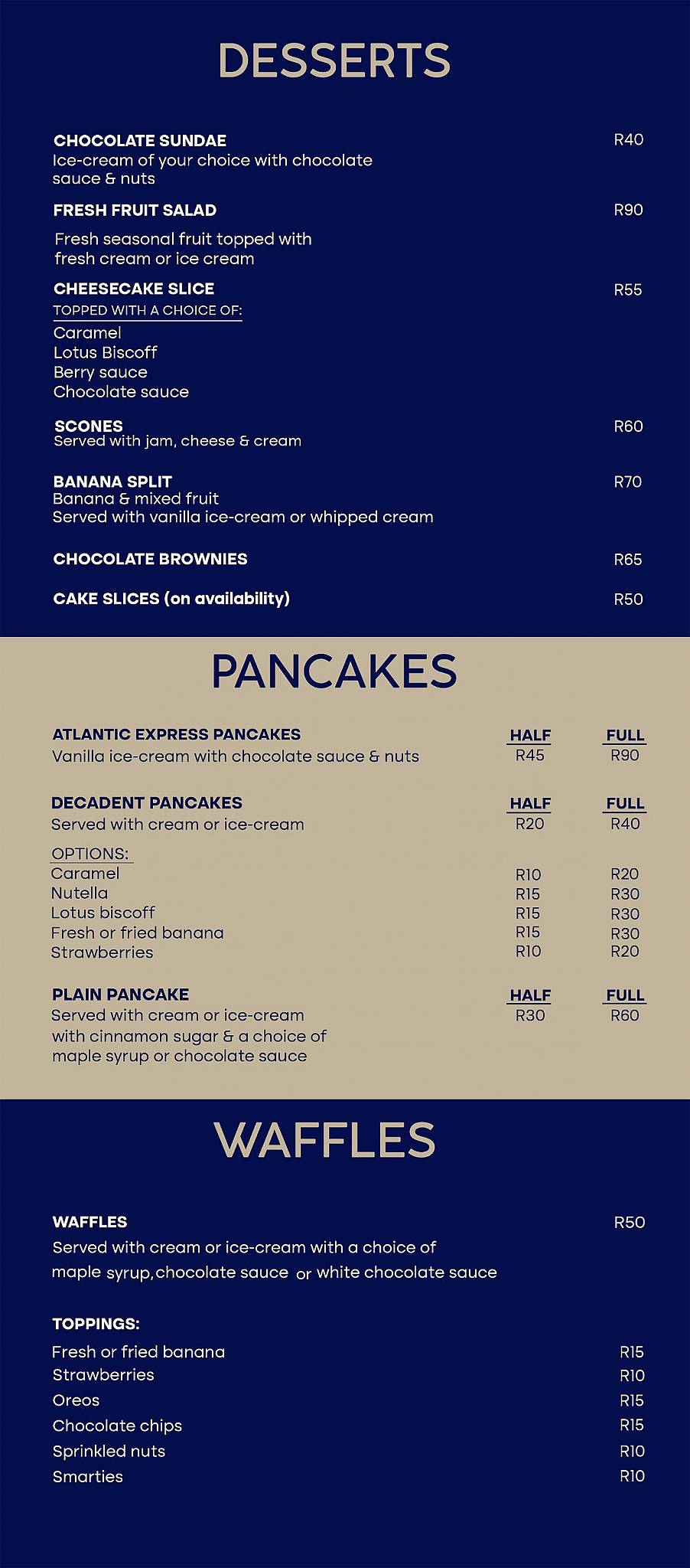 Menu at Atlantic Express Train Restaurant, Cape Town