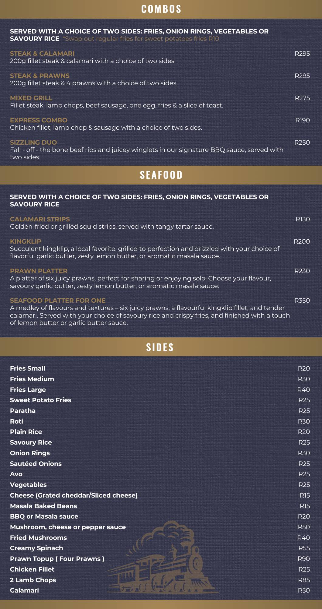 Menu at Atlantic Express Train Restaurant, Cape Town