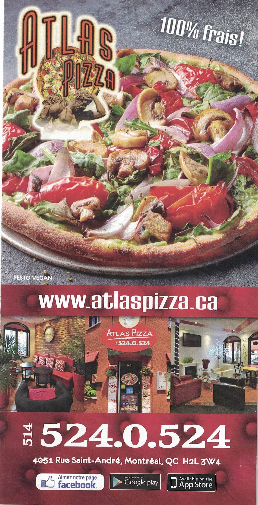 Menu au Atlas Pizza restaurant, Montréal, St Andre