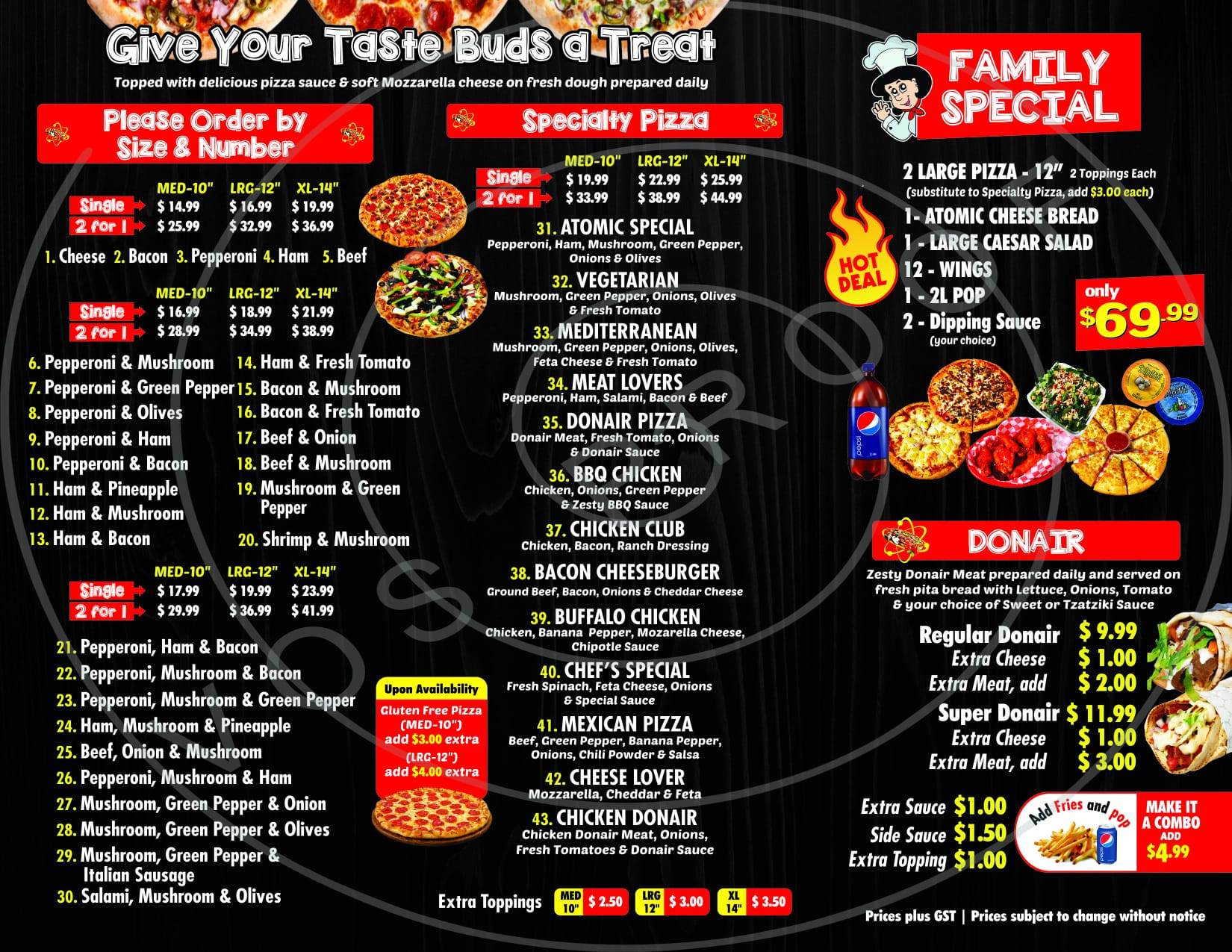 Menu au Atomic Pizza & Donair restaurant, Saint-Albert