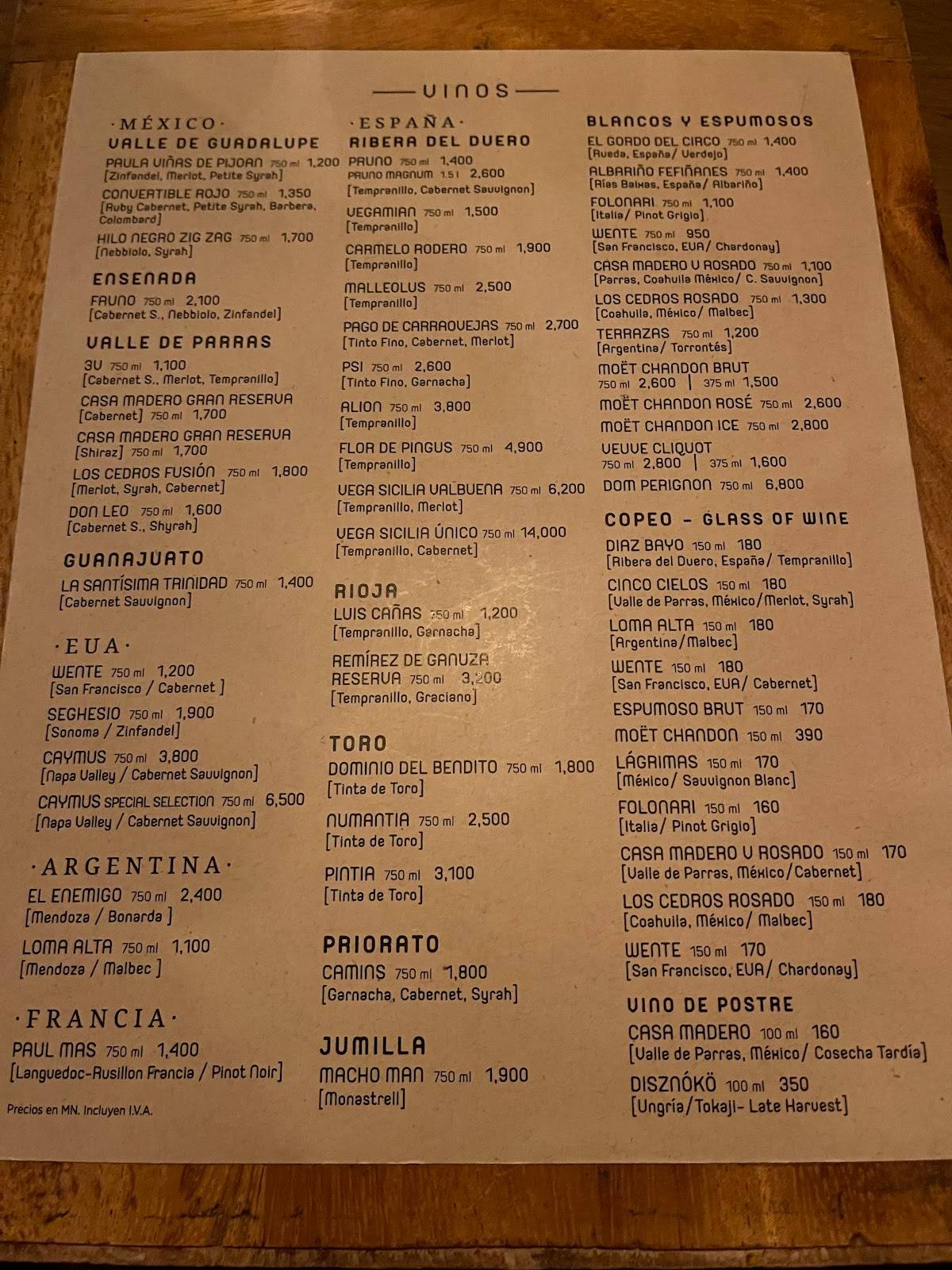 Menu at Atrio Restaurant, San Miguel de Allende