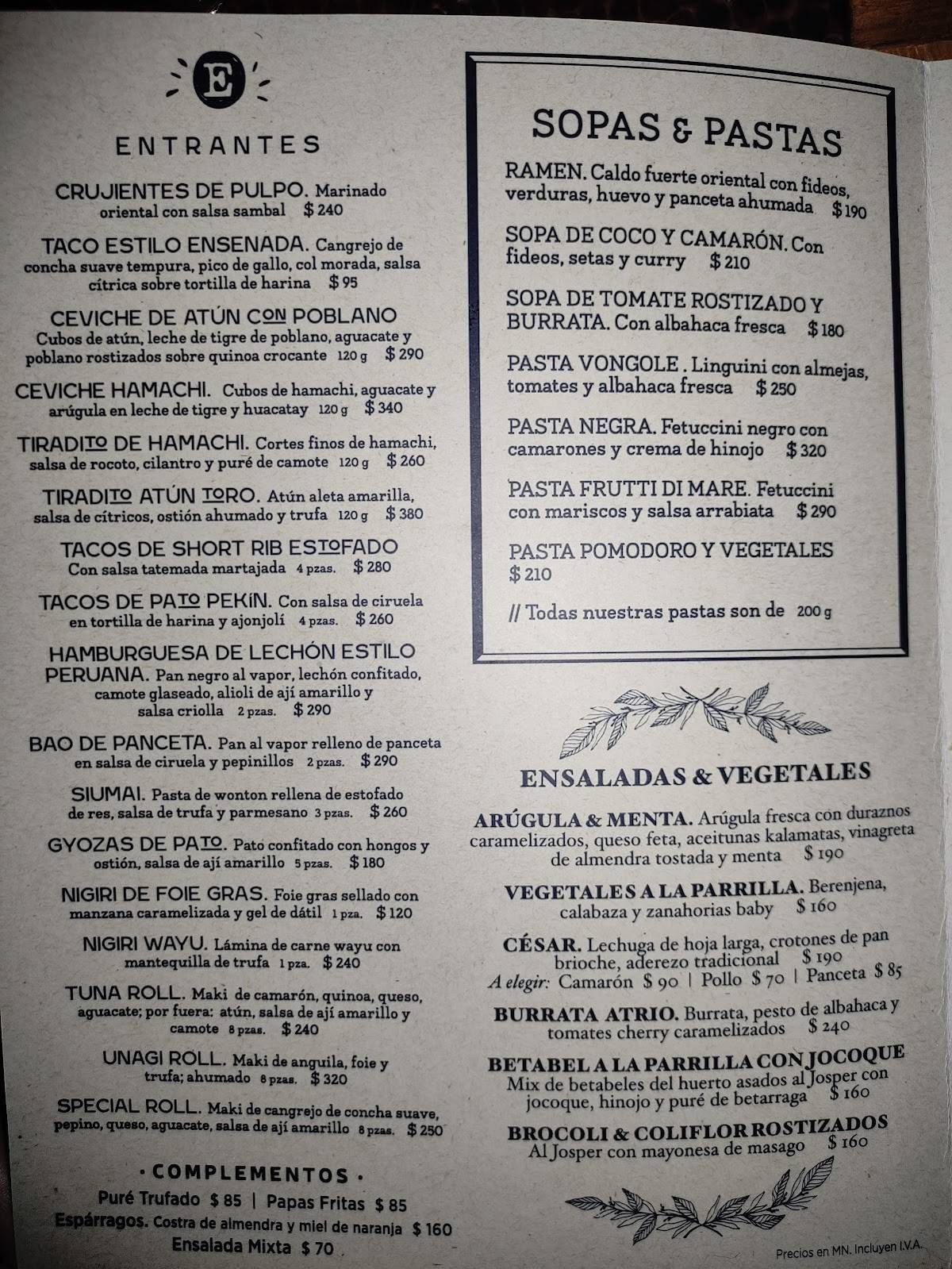 Menu at Atrio Restaurant, San Miguel de Allende