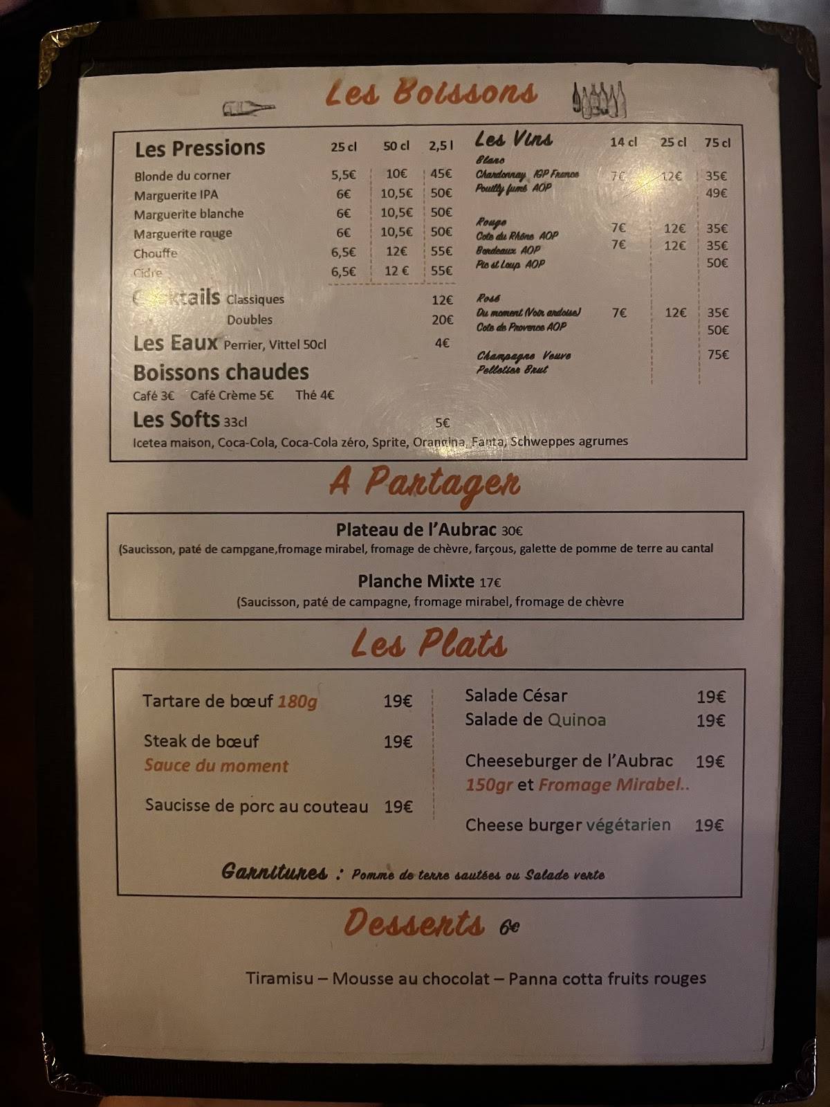 Menu au Aubrac Corner La Défense arena restaurant, Nanterre