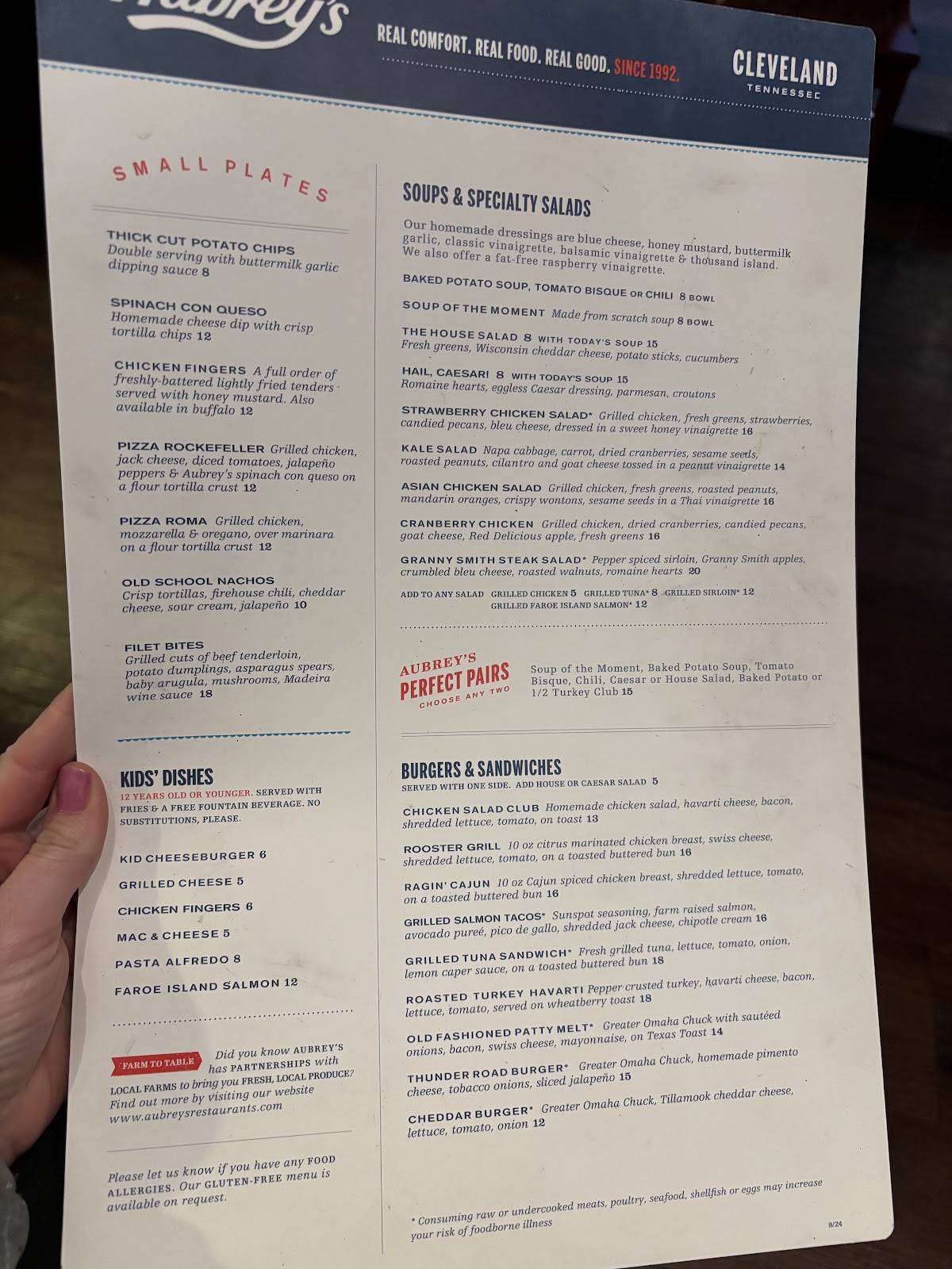 Menu at Aubrey's Cleveland TN restaurant, Cleveland, 275 Ocoee Crossing NW