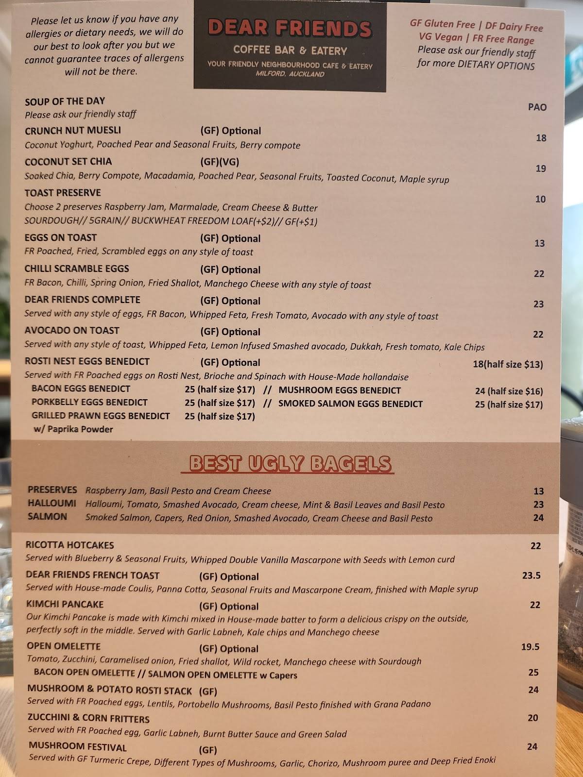 Menu at Dear Friends Cafe, Auckland