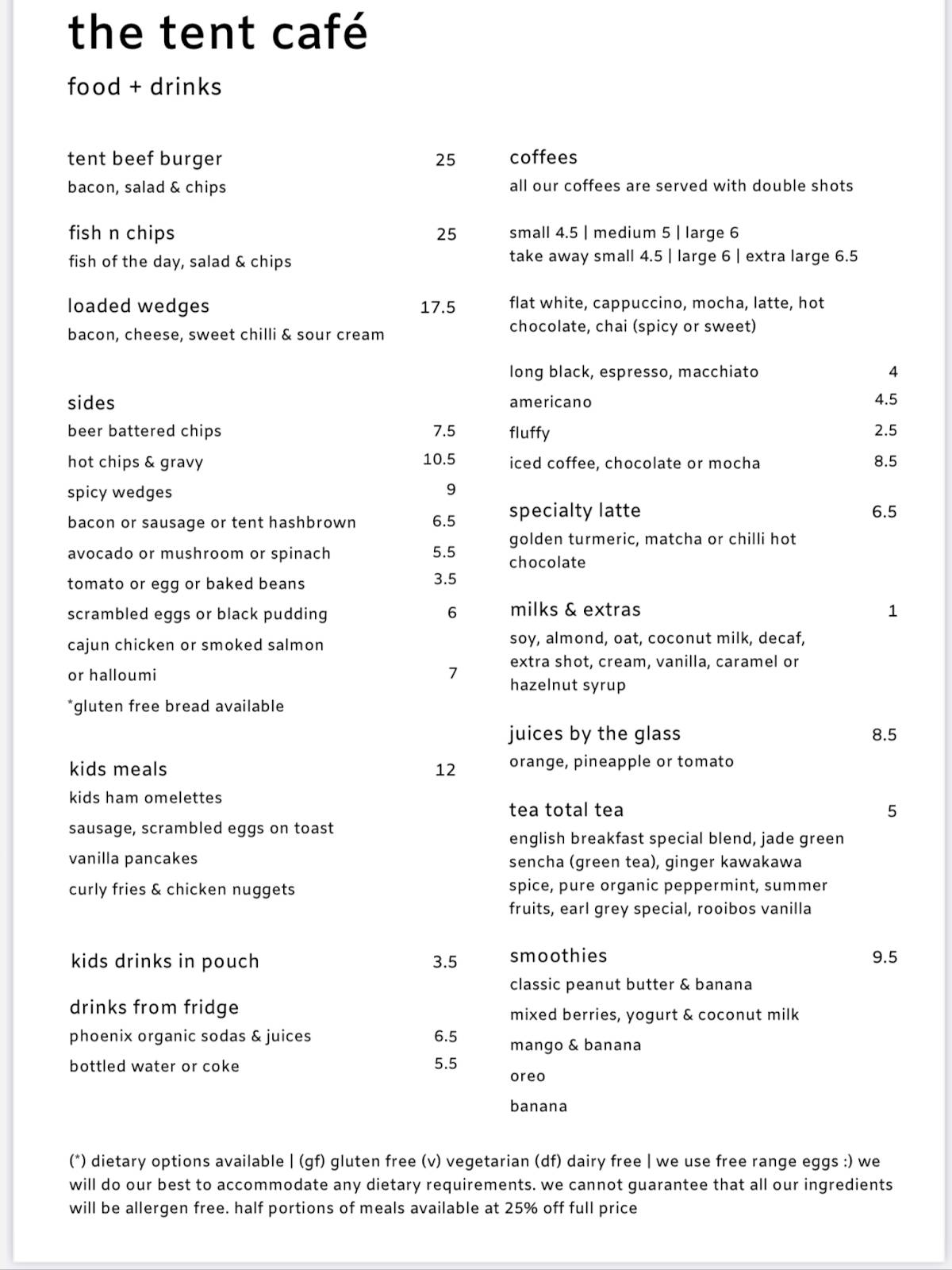 Menu at The Tent Cafe, Orewa