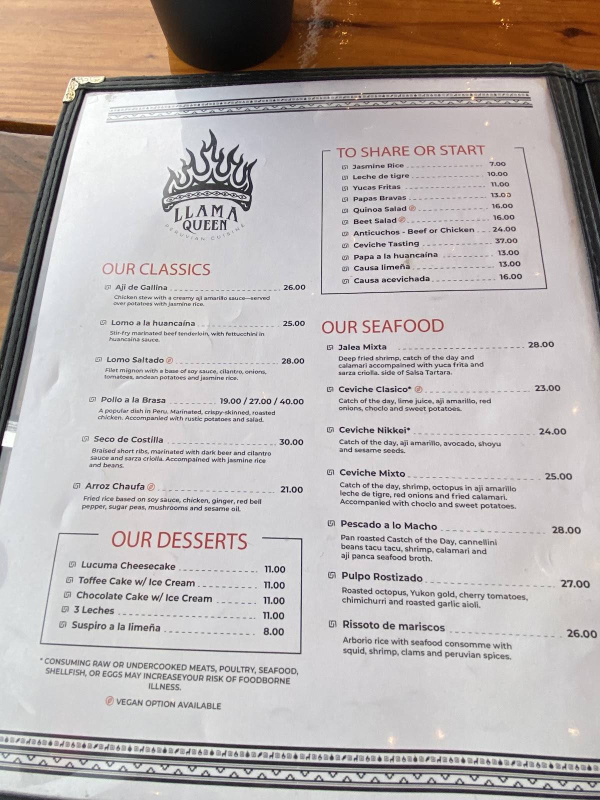 Carta del restaurante Llama Queen, Austin, E Cesar Chavez St
