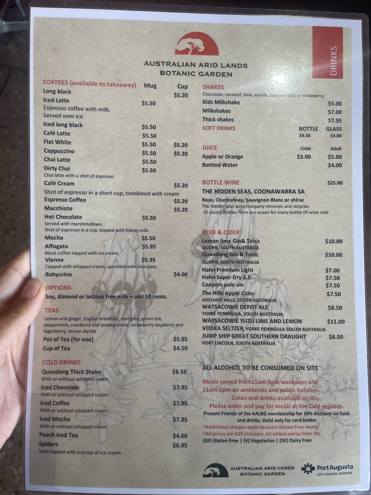 Menu at Australian Arid Lands Botanic Garden Visitor Centre and Cafe ...