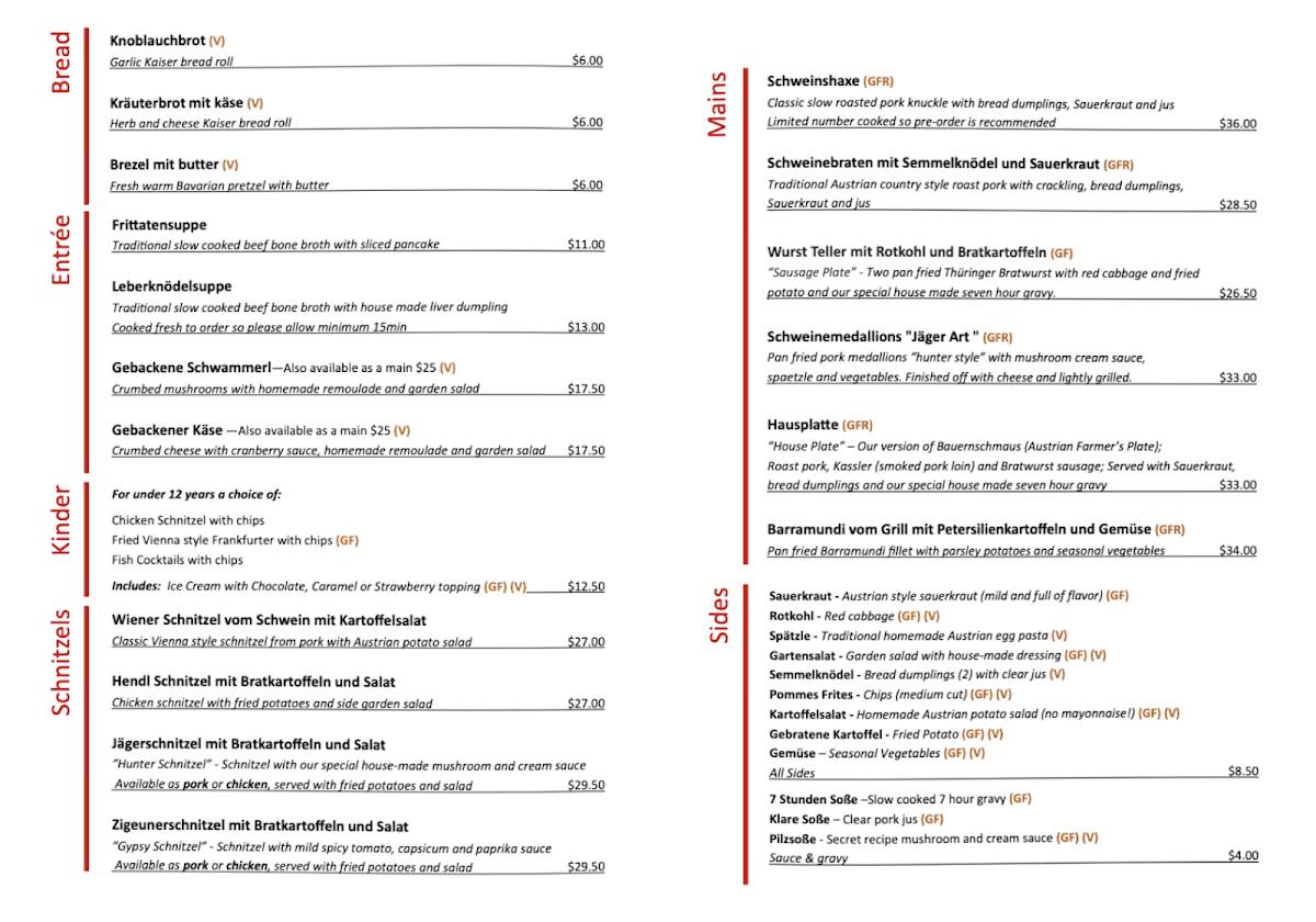 Menu at Austrian Club Sydney, Frenchs Forest, 20 Grattan Cres