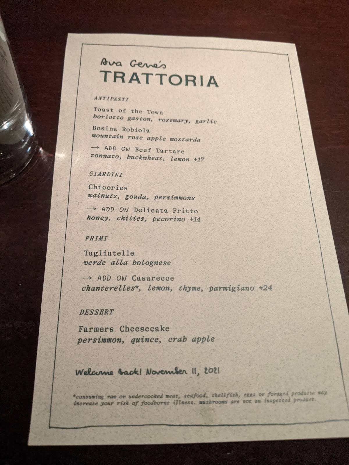 Menu at Ava Genes restaurant, Portland
