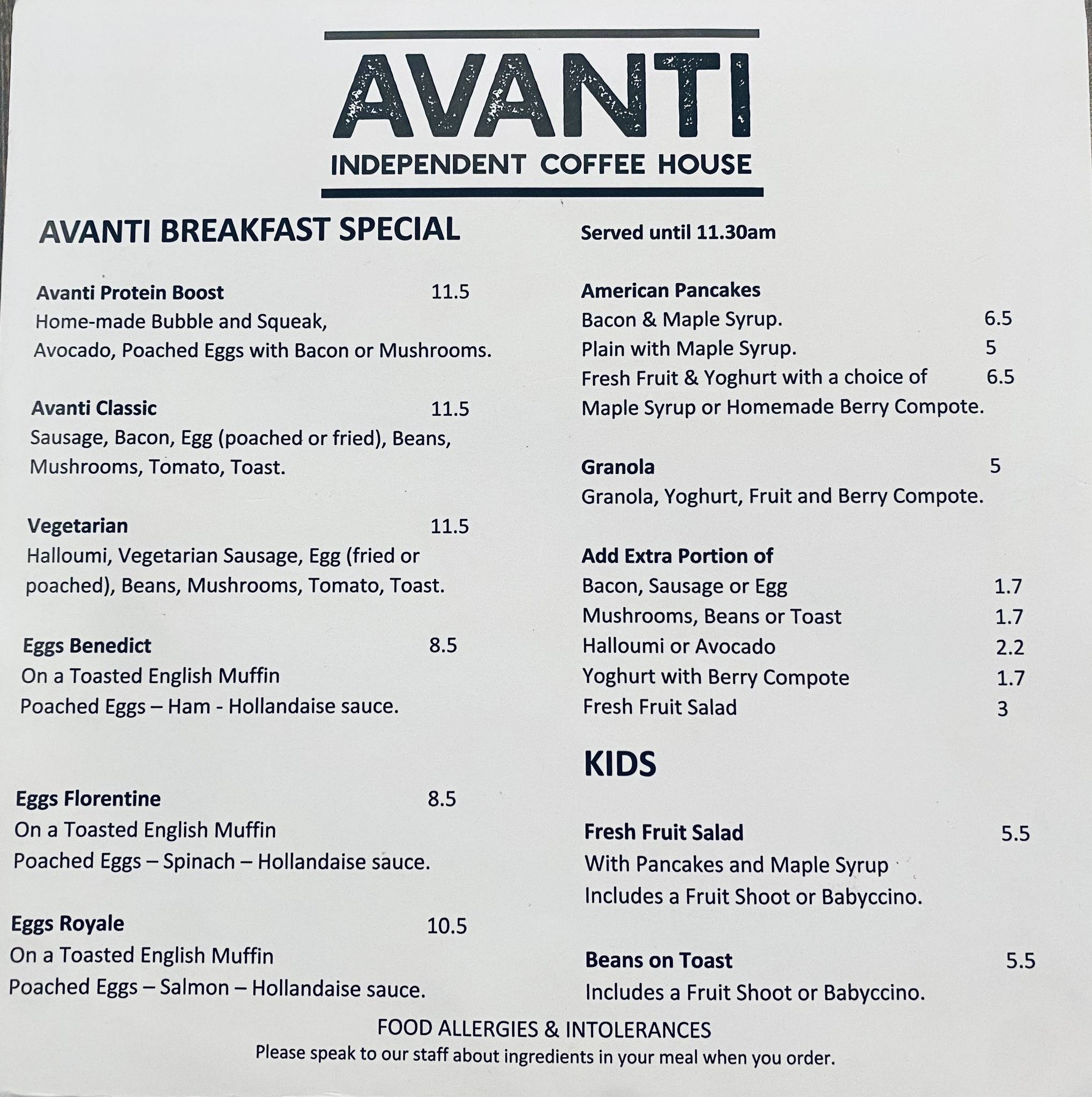 Menu at Avanti Coffee House, Ilkley