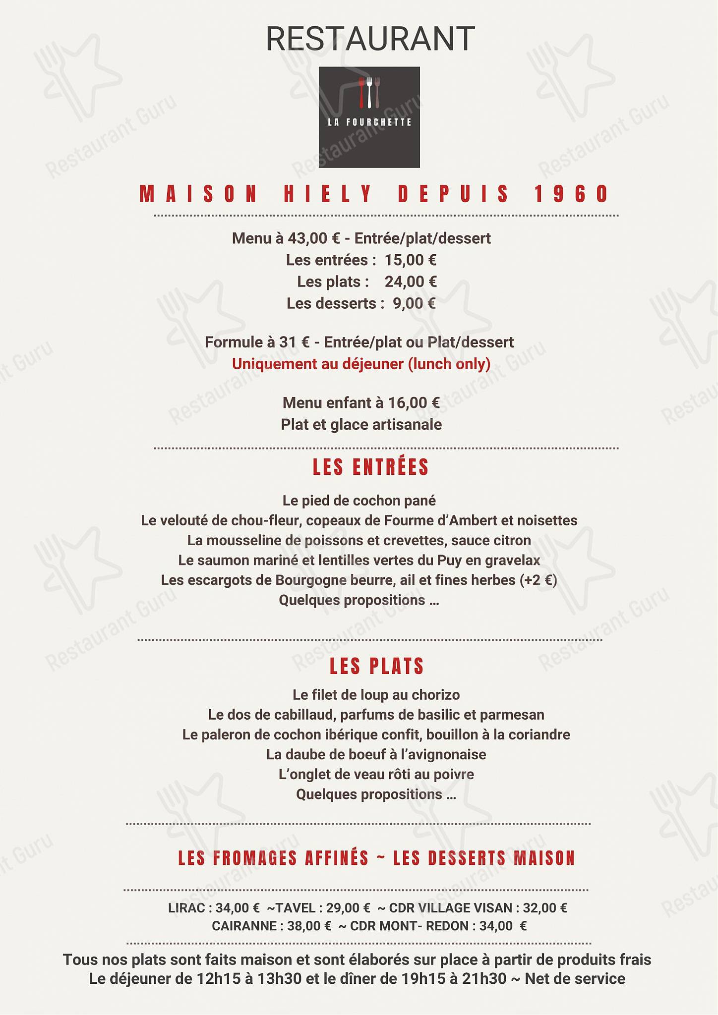 Menu au La Fourchette restaurant, Avignon