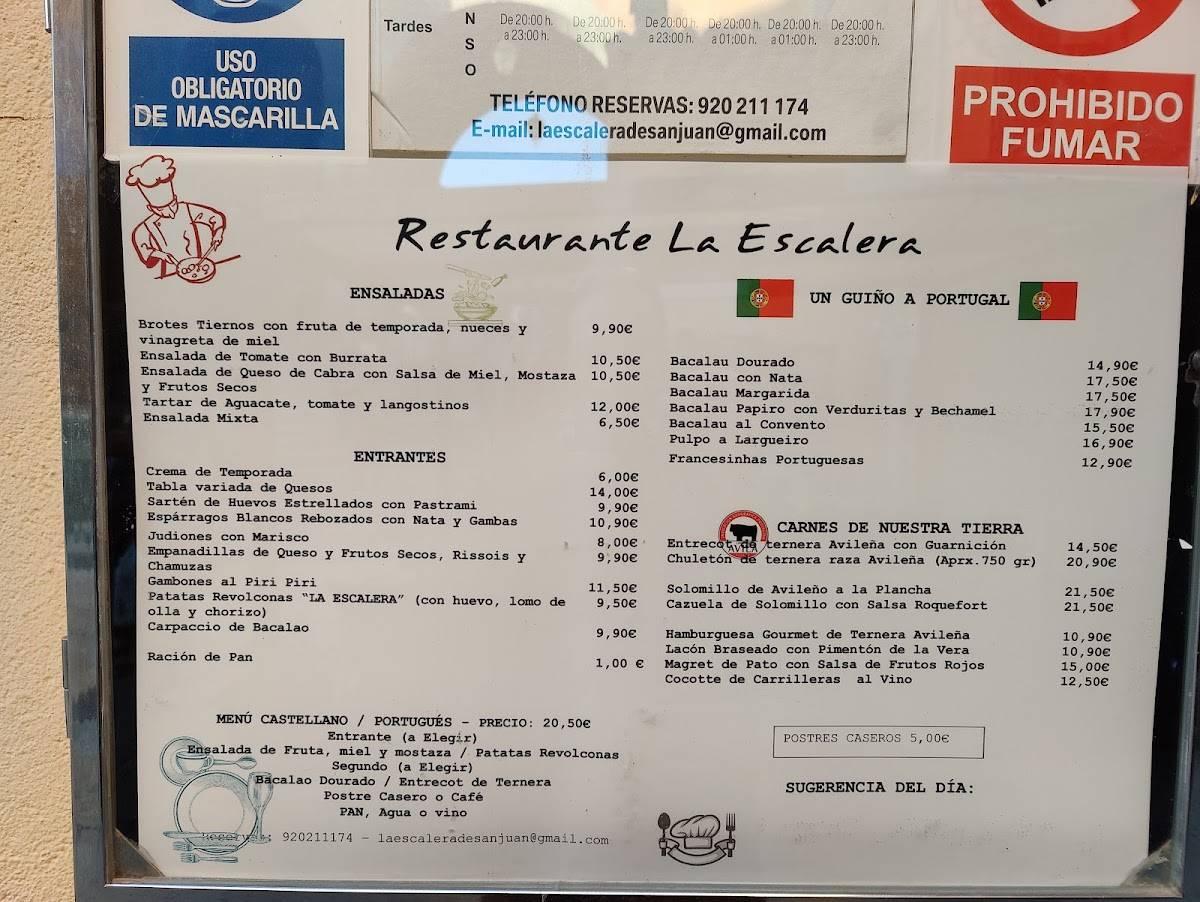 Carta del restaurante La Escalera, Ávila