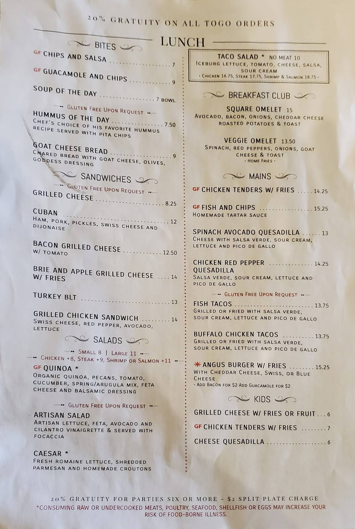 Menu at Avocados Restaurant, Gainesville